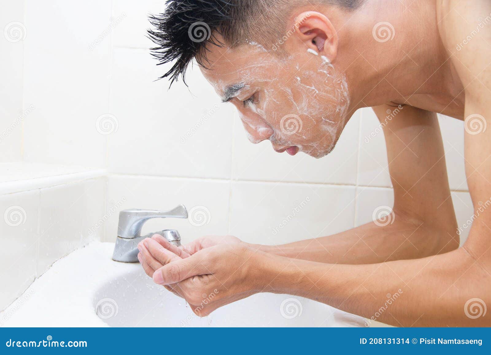 Man face wash with foam stock photo. Image of bath, cleanser - 208131314