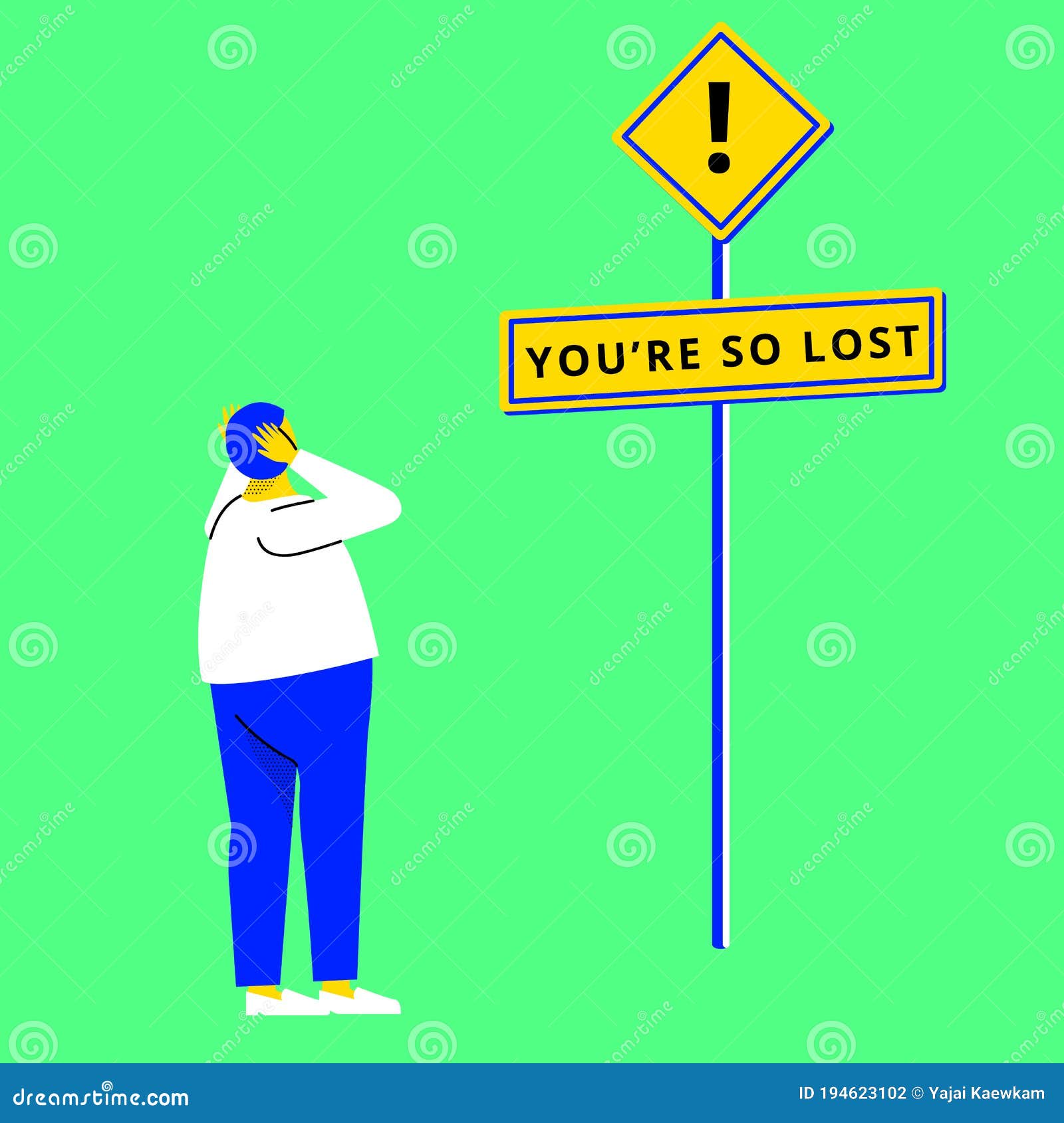 Man Facepalming Against Lost Sign Conveying the Message of Poor Working ...