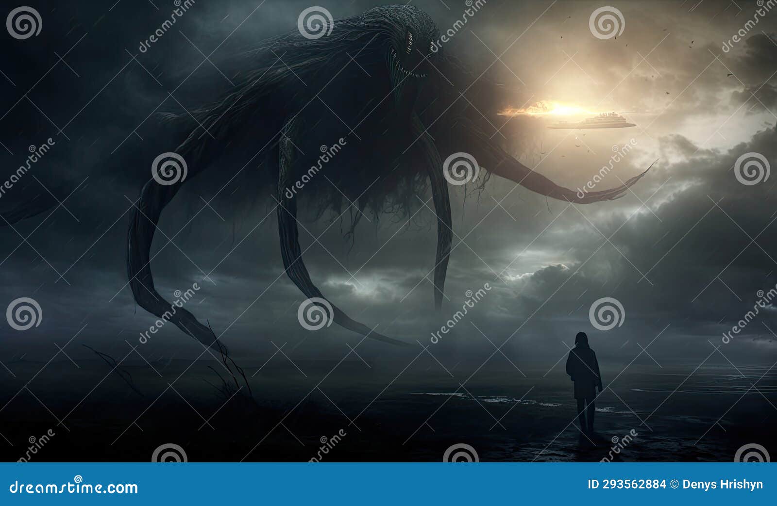 A Man Facing a Colossal Creature in an Epic Confrontation Stock ...