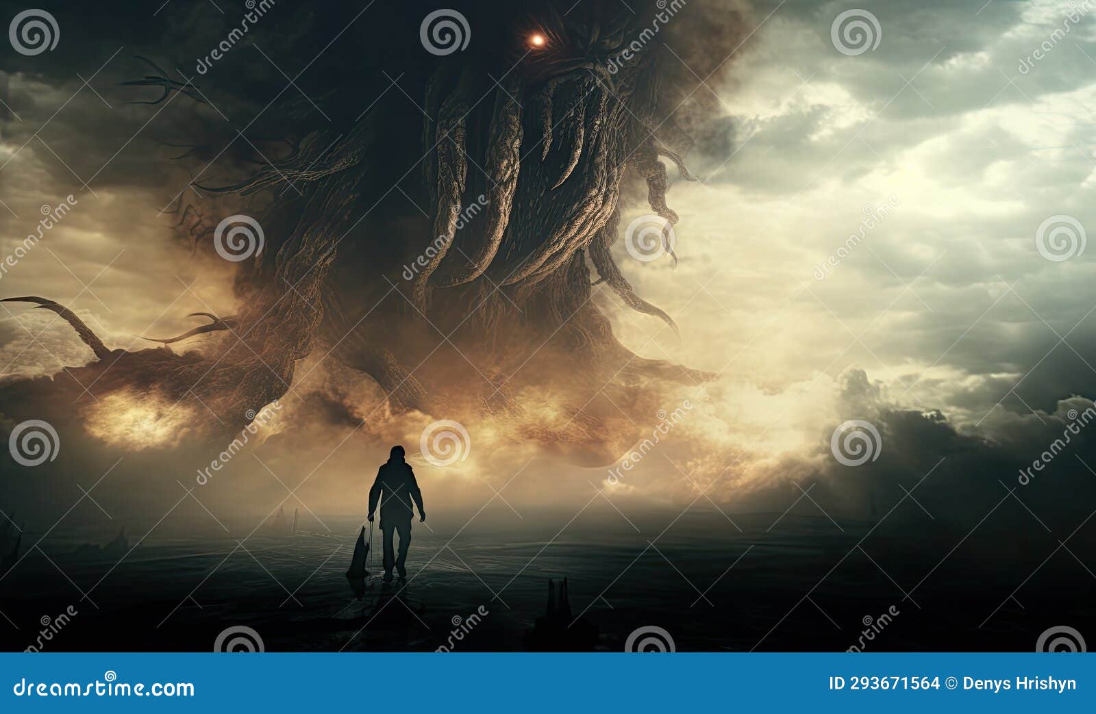 A Man Facing a Colossal Creature in a Thrilling Confrontation Stock ...