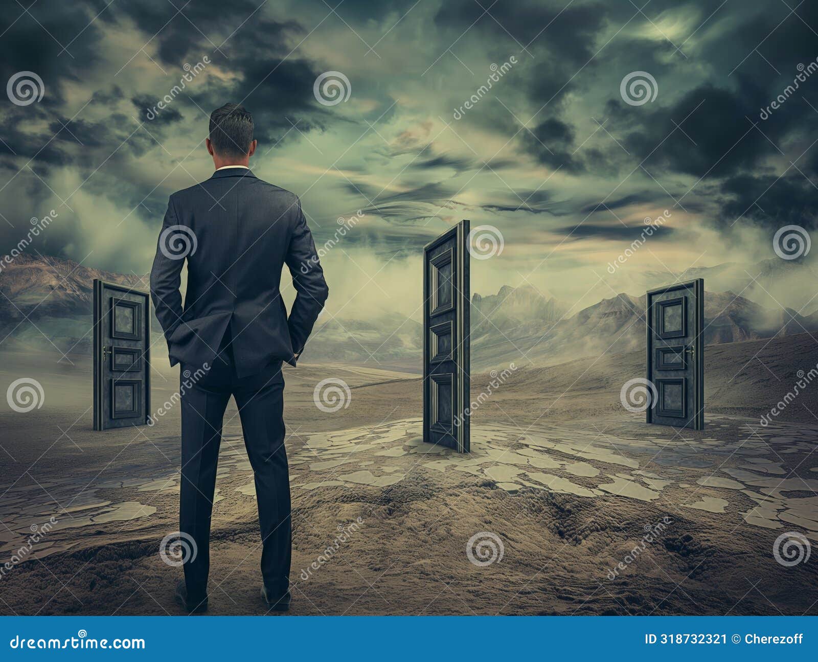 Man Facing Multiple Doors in a Desert Landscape Stock Illustration ...