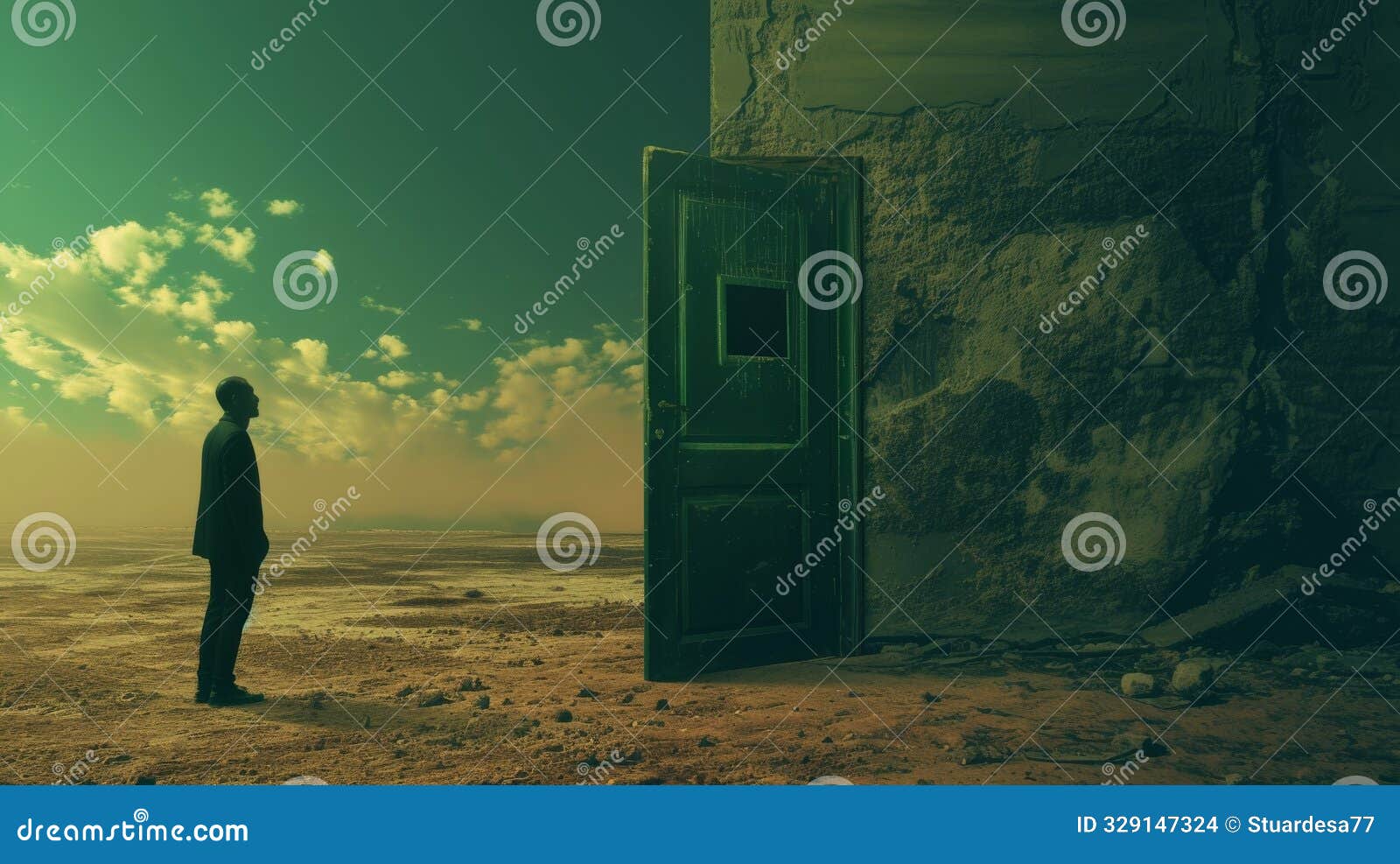 Man Facing Open Door in Desert Landscape Stock Photo - Image of ...