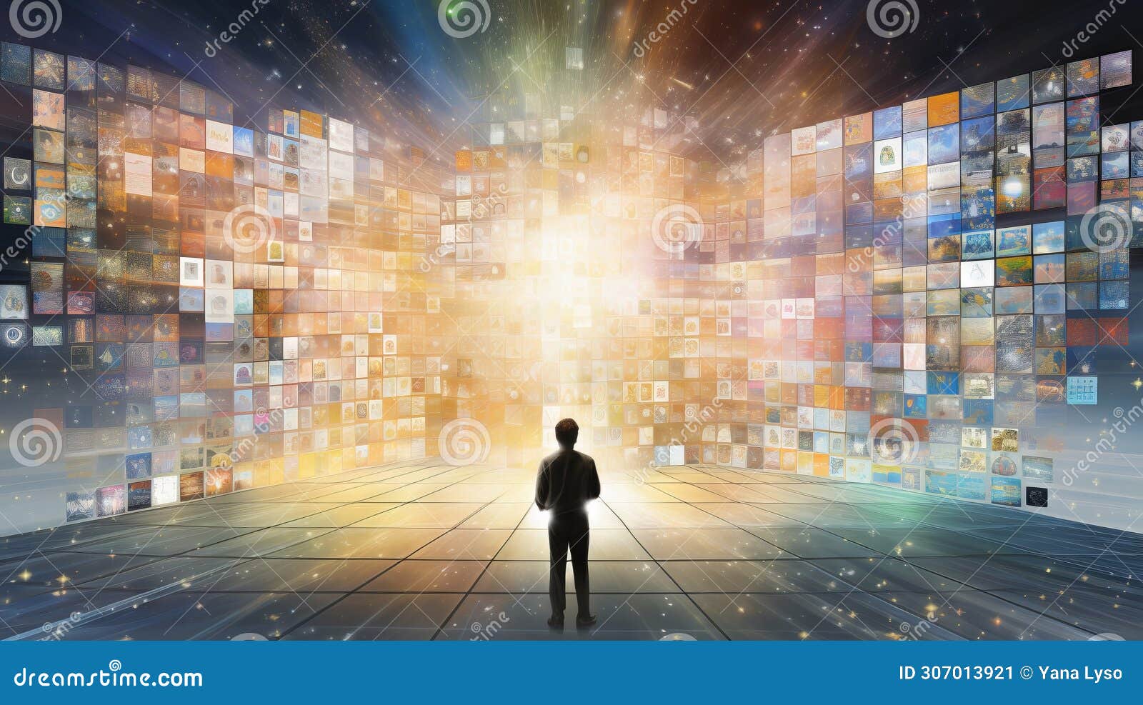 Man Facing a Wall of Glowing Images Representing Big Data. Concept of ...