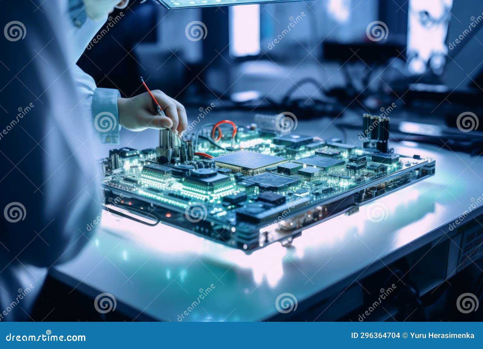 A Man In A Factory Assembles And Tests An Electronic Board. Modern ...