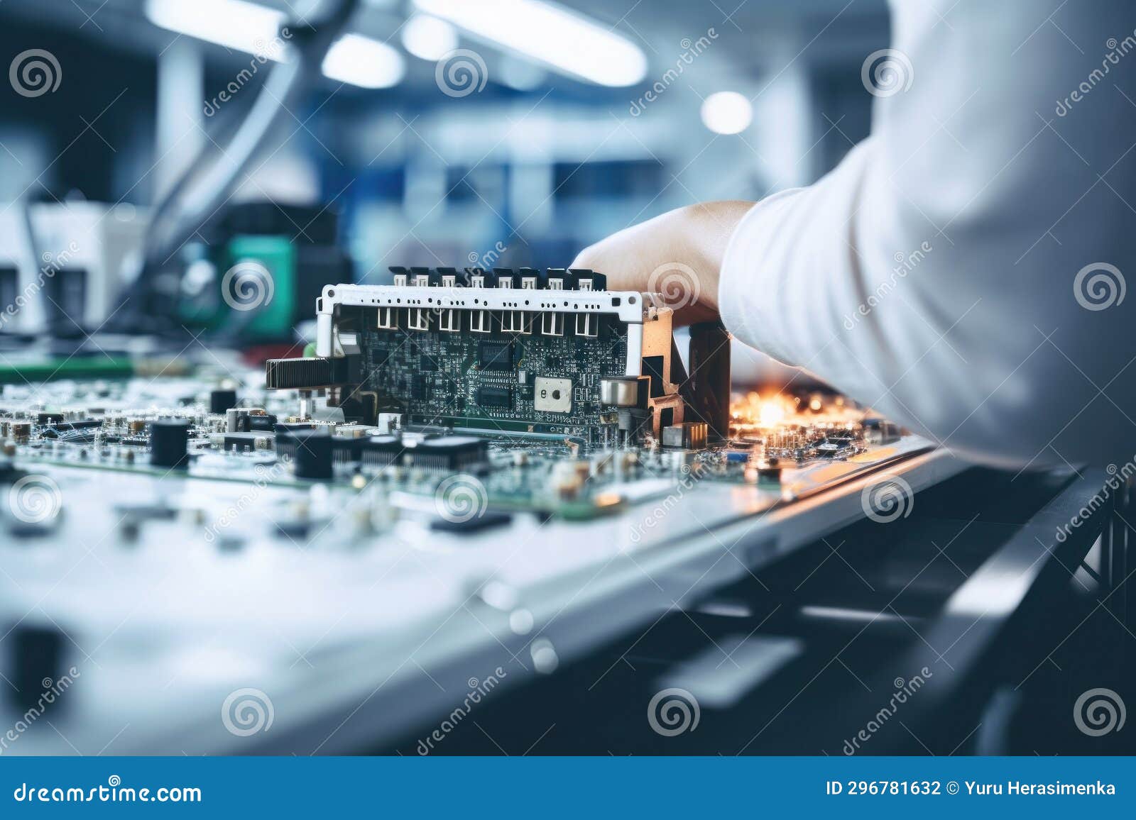 A Man In A Factory Assembles And Tests An Electronic Board. Modern ...