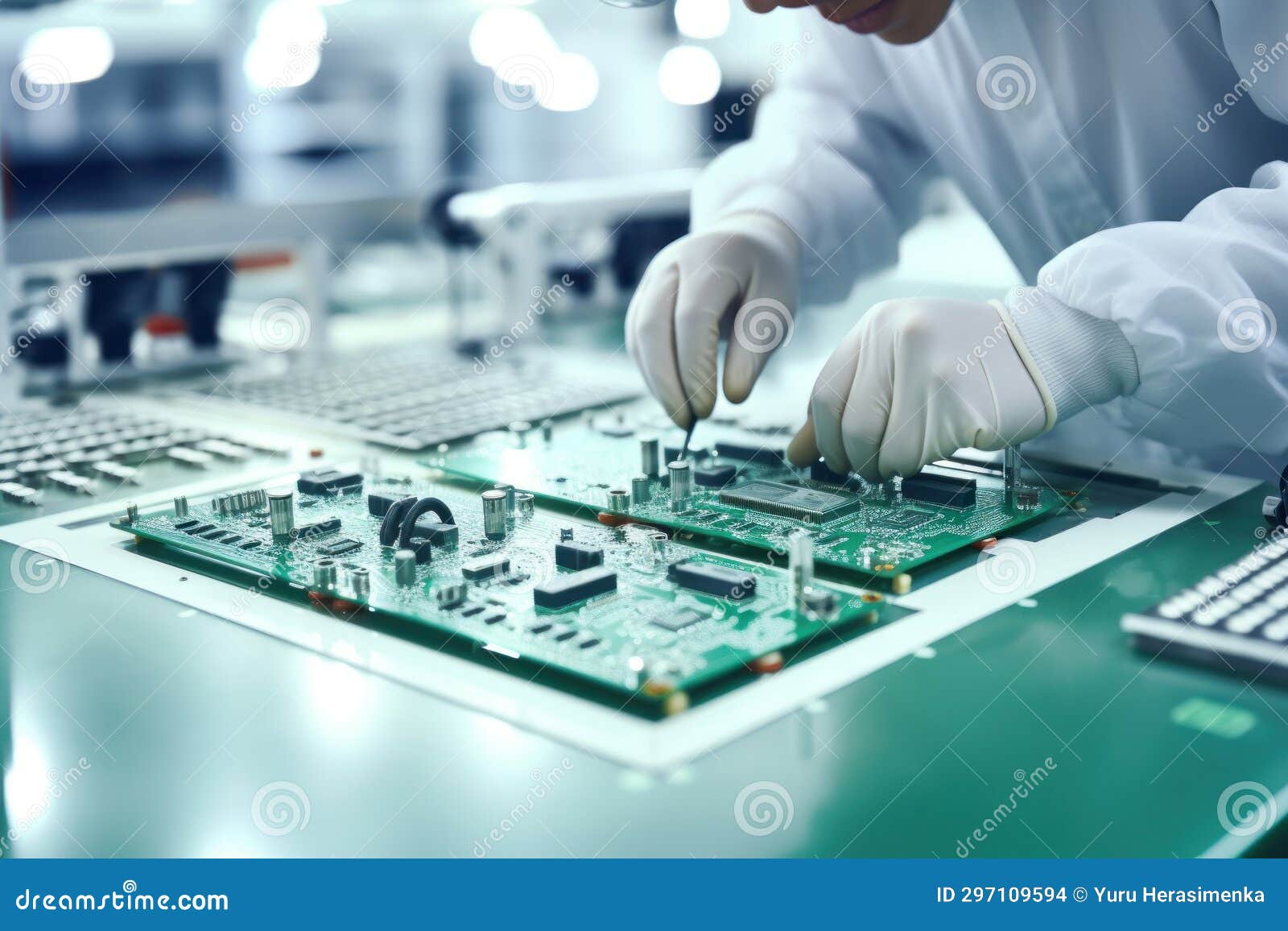 A Man In A Factory Assembles And Tests An Electronic Board. Modern ...
