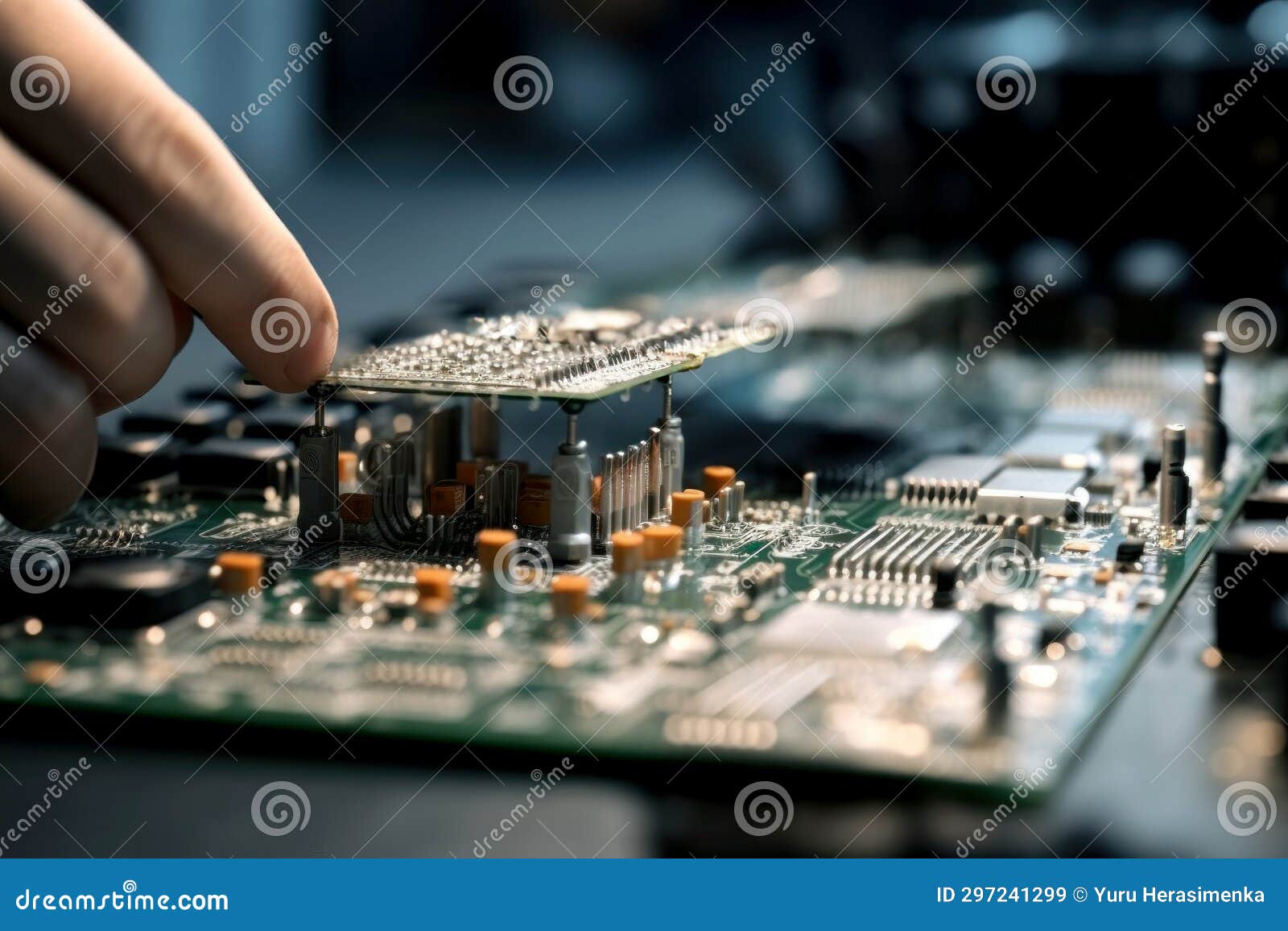 A Man In A Factory Assembles And Tests An Electronic Board. Modern ...