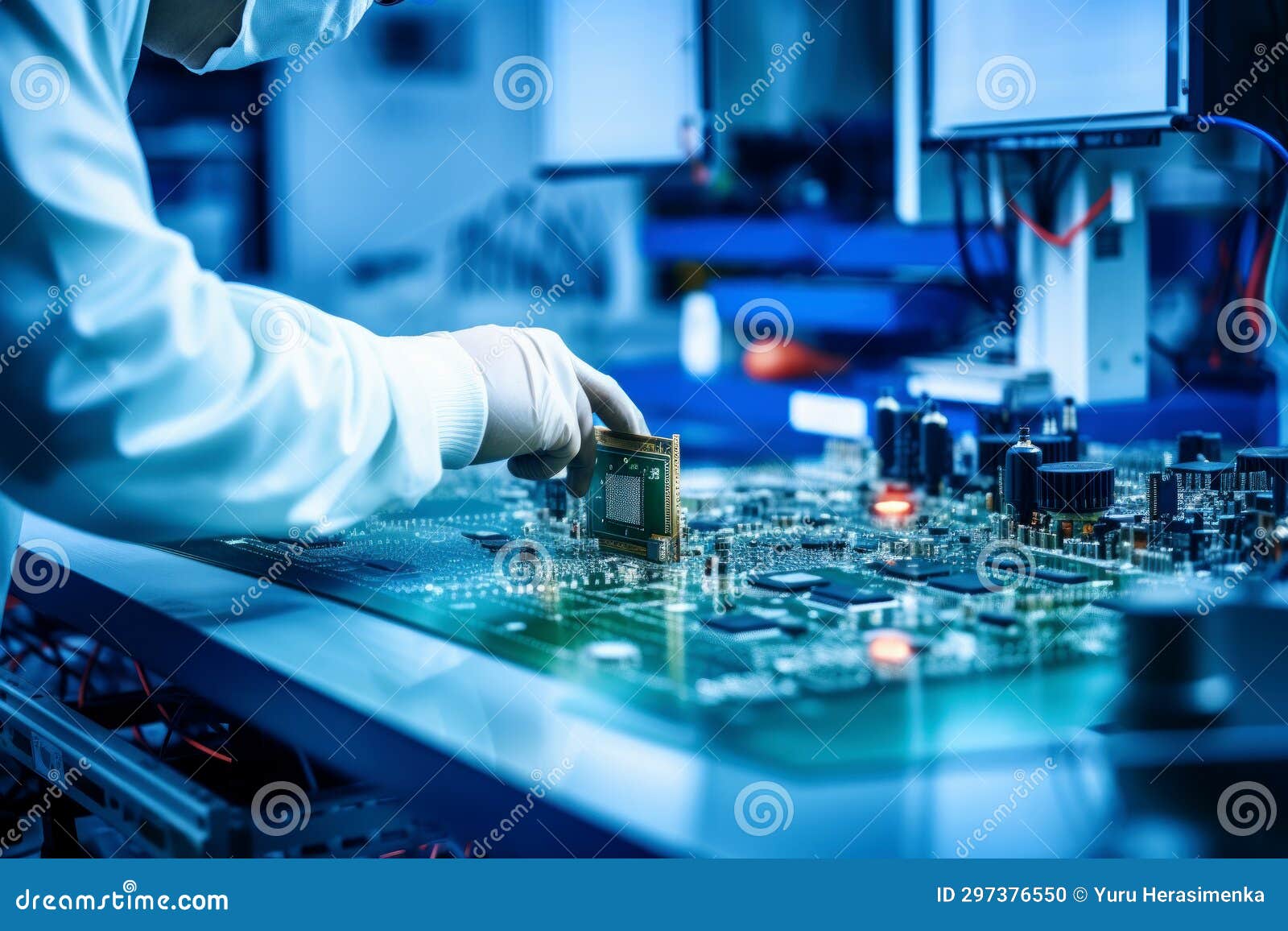 A Man in a Factory Assembles and Tests an Electronic Board. Modern ...