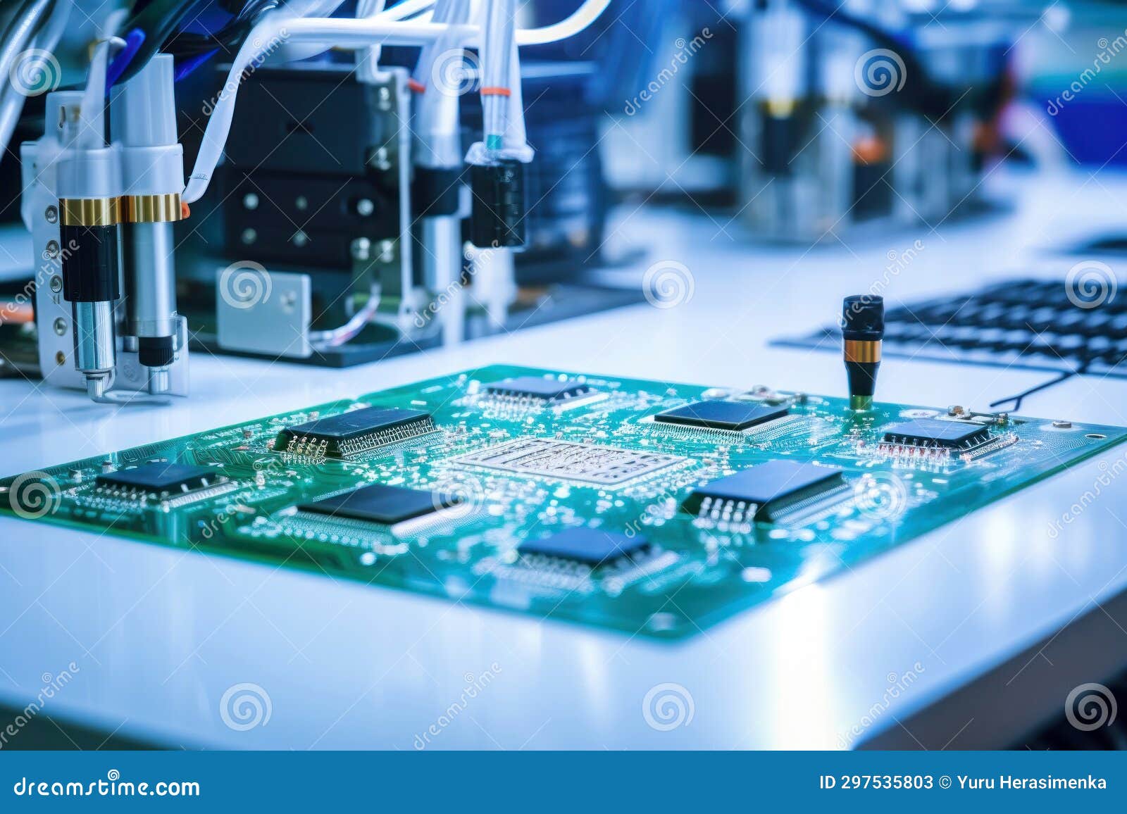 A Man In A Factory Assembles And Tests An Electronic Board. Modern ...