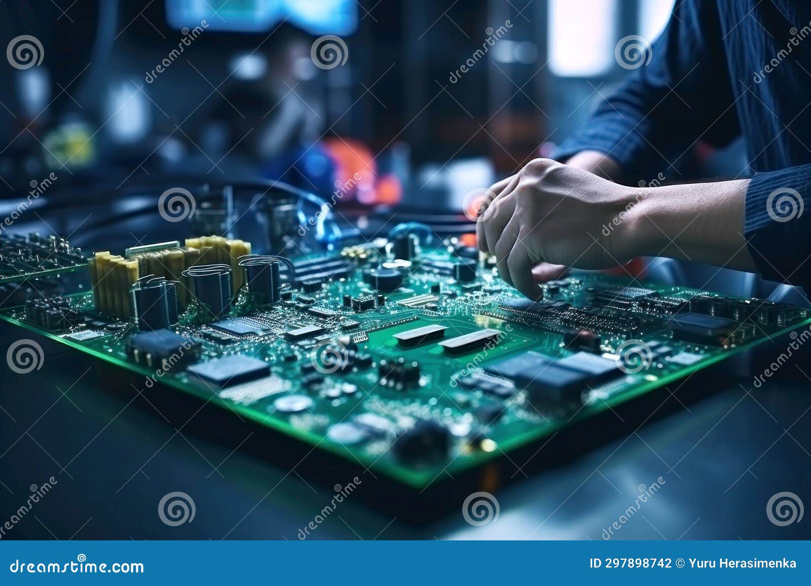 A Man In A Factory Assembles And Tests An Electronic Board. Modern ...