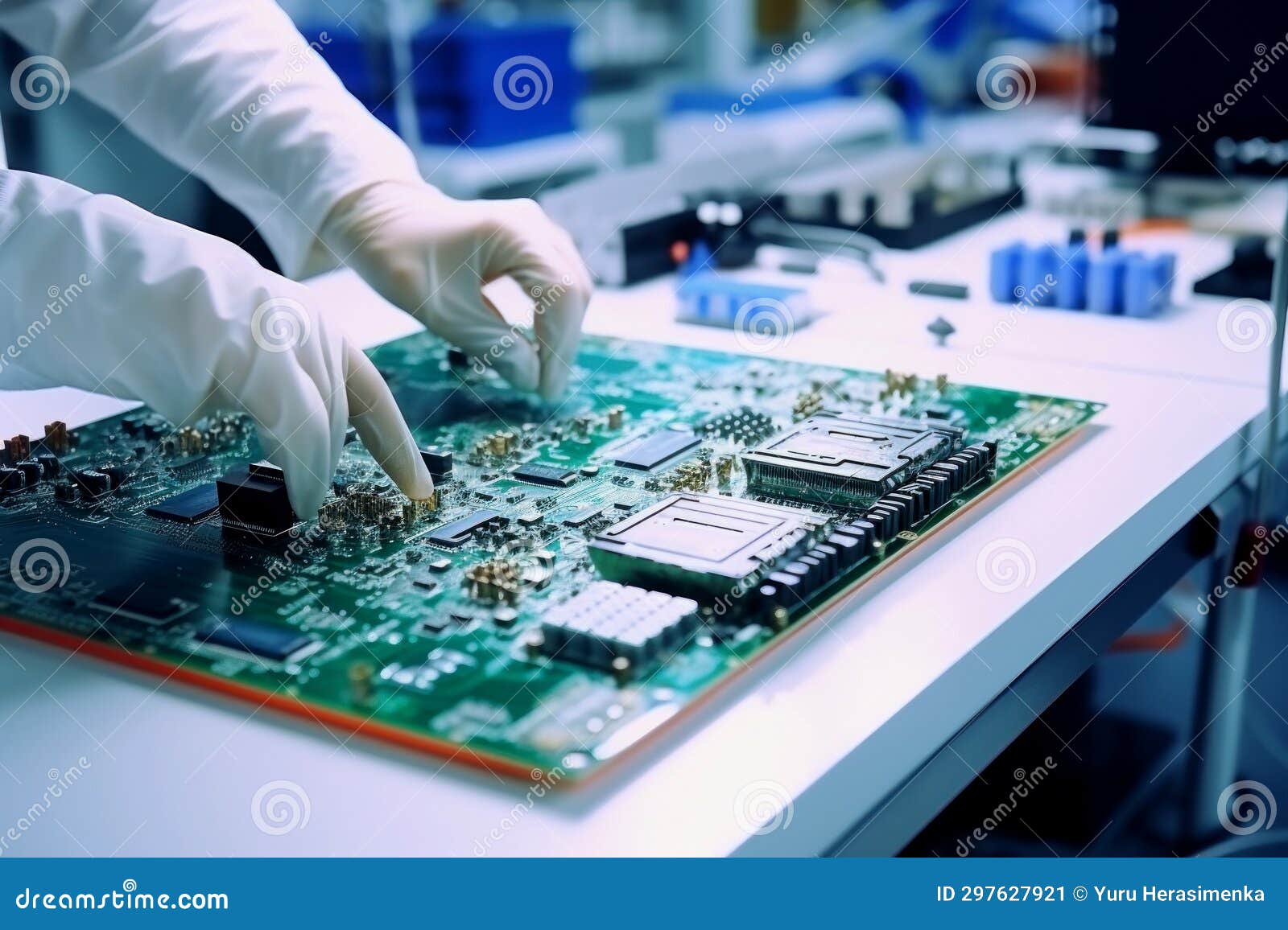 A Man In A Factory Assembles And Tests An Electronic Board. Modern ...