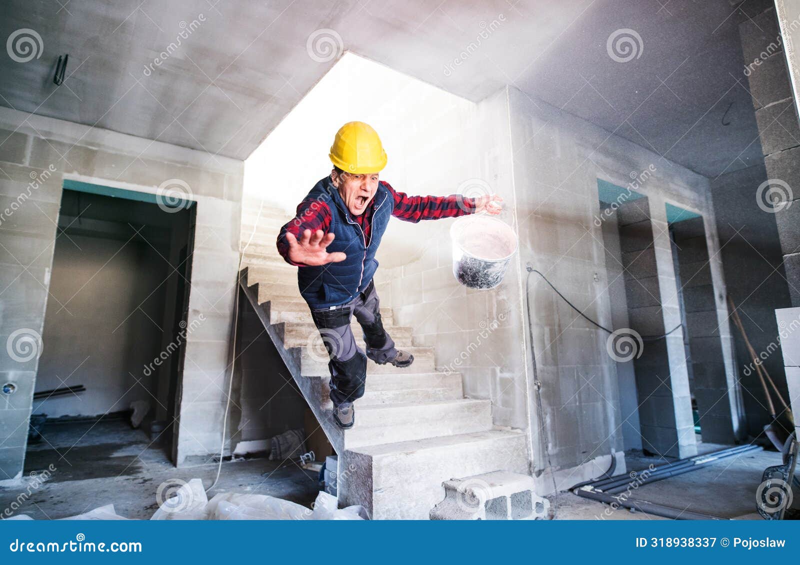 Man Falling Down the Stairs. Accident of a Man Worker at the ...
