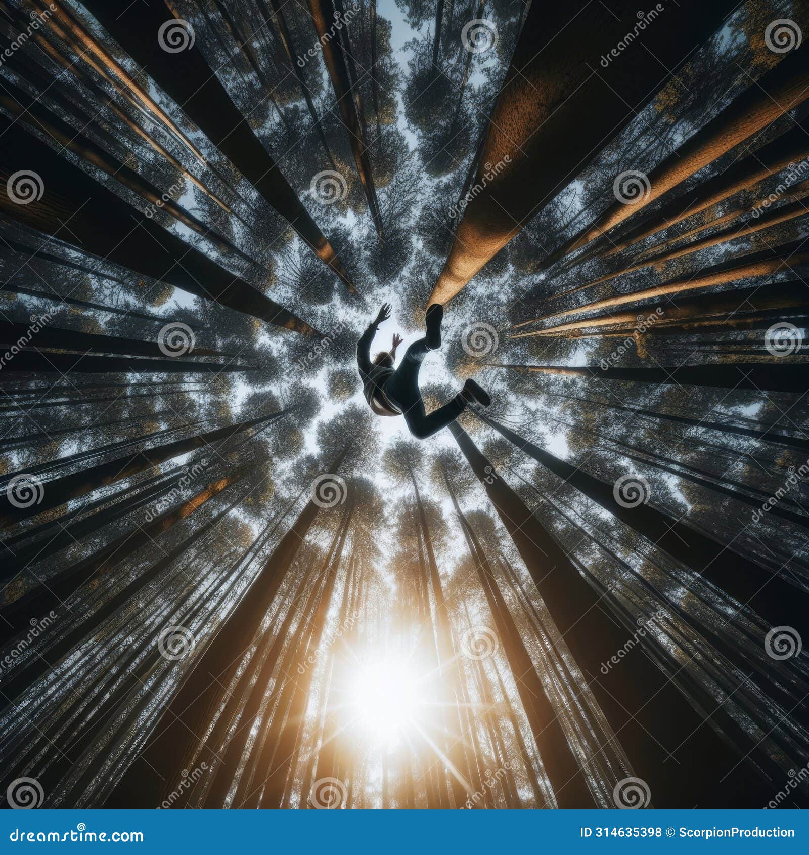 Man Falling in Forest with Sun Flare Stock Photo - Image of outdoor ...