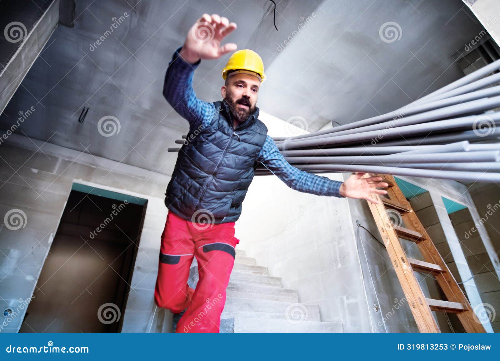Man Falling Off the Ladder. Accident of a Man Worker at the ...