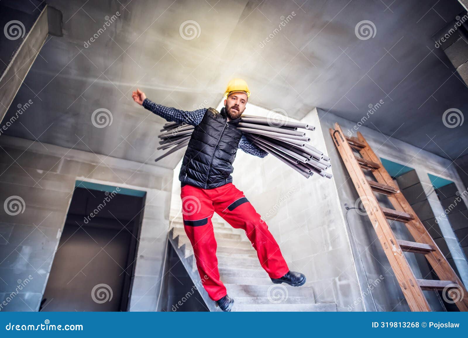Man Falling Off the Ladder. Accident of a Man Worker at the ...