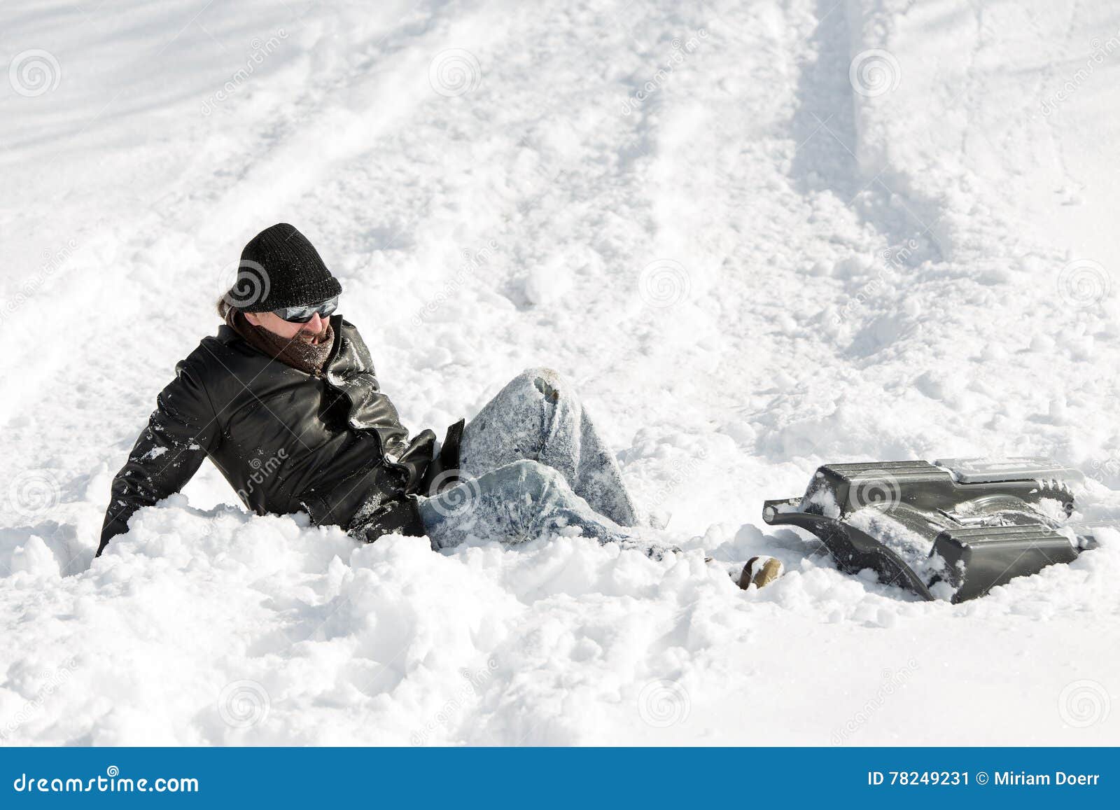 Man Falling from a Sledge after a Sleigh Ride in Deep Snow Stock Image ...