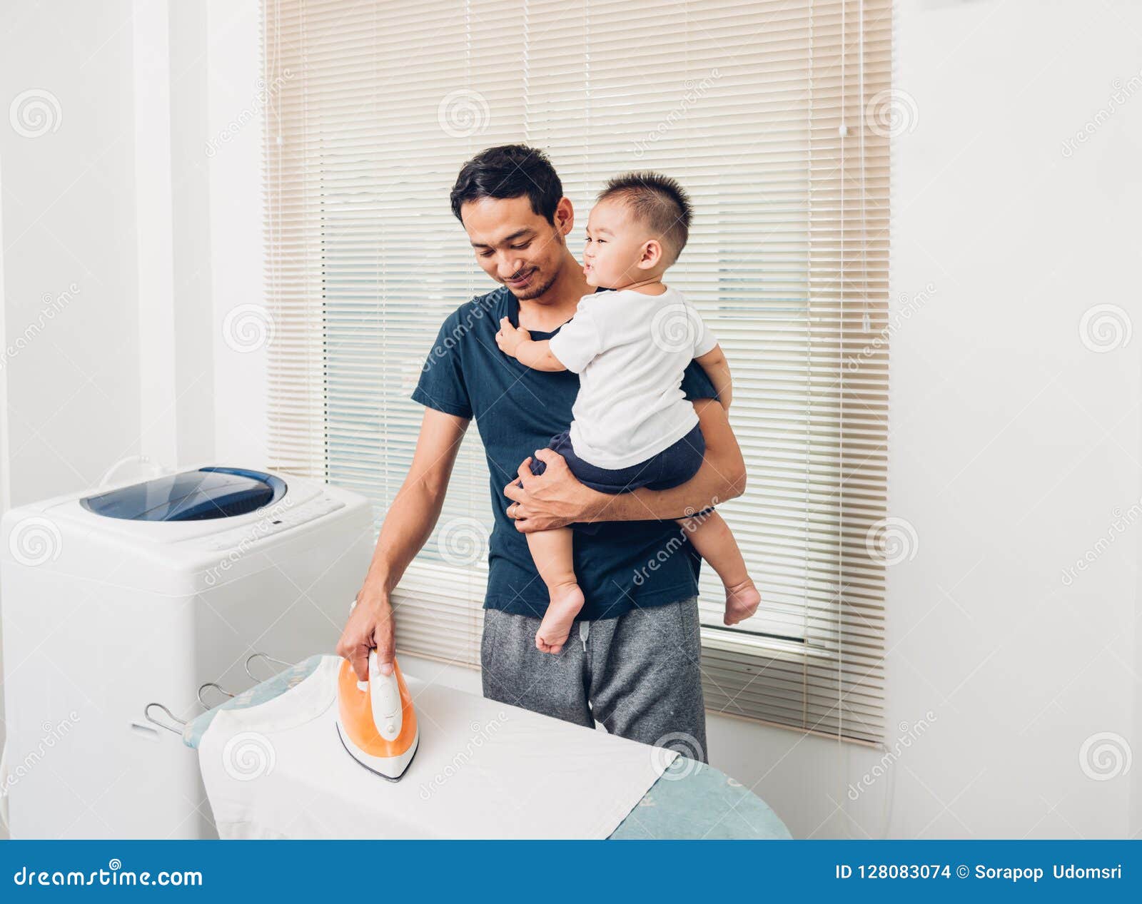 Man Father Ironing Clothes Son Stock Photo - Image of child, casual ...