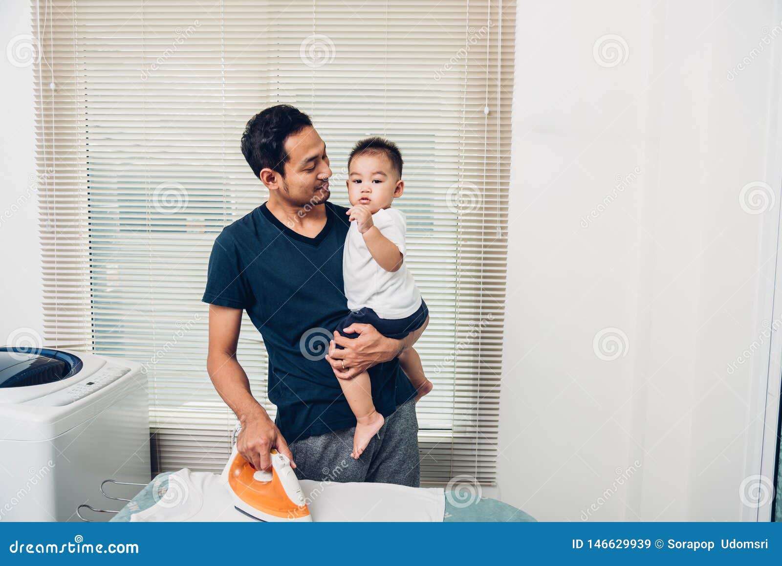 Man Father Ironing Clothes Son and Stock Image - Image of asian ...