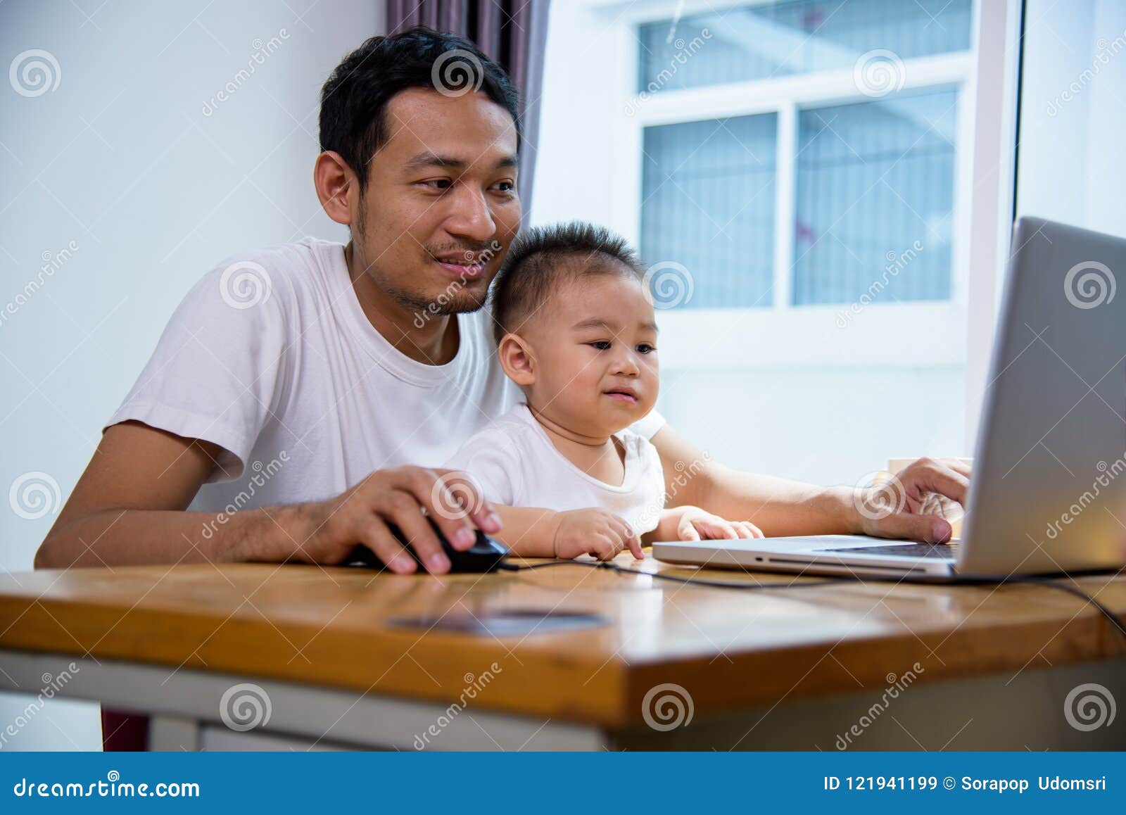 Man Father Using Working on Laptop Computer Stock Image - Image of ...