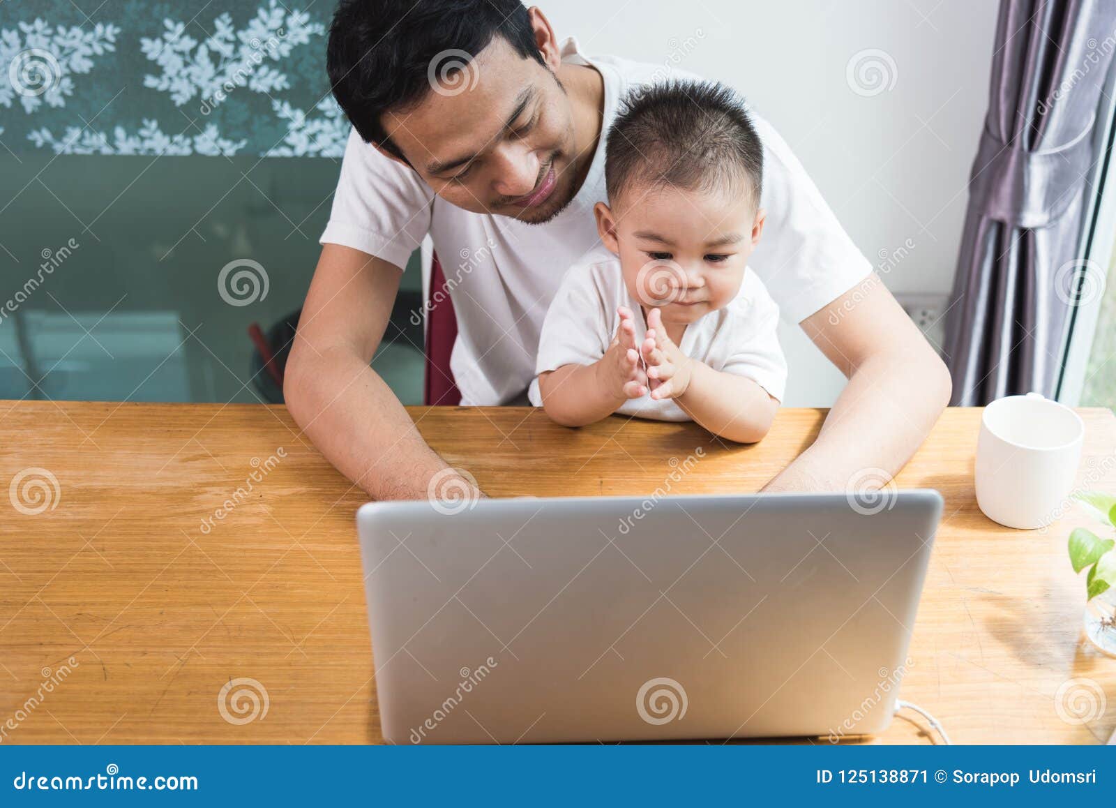 Man Father Using Working on Laptop Computer Stock Image - Image of cute ...