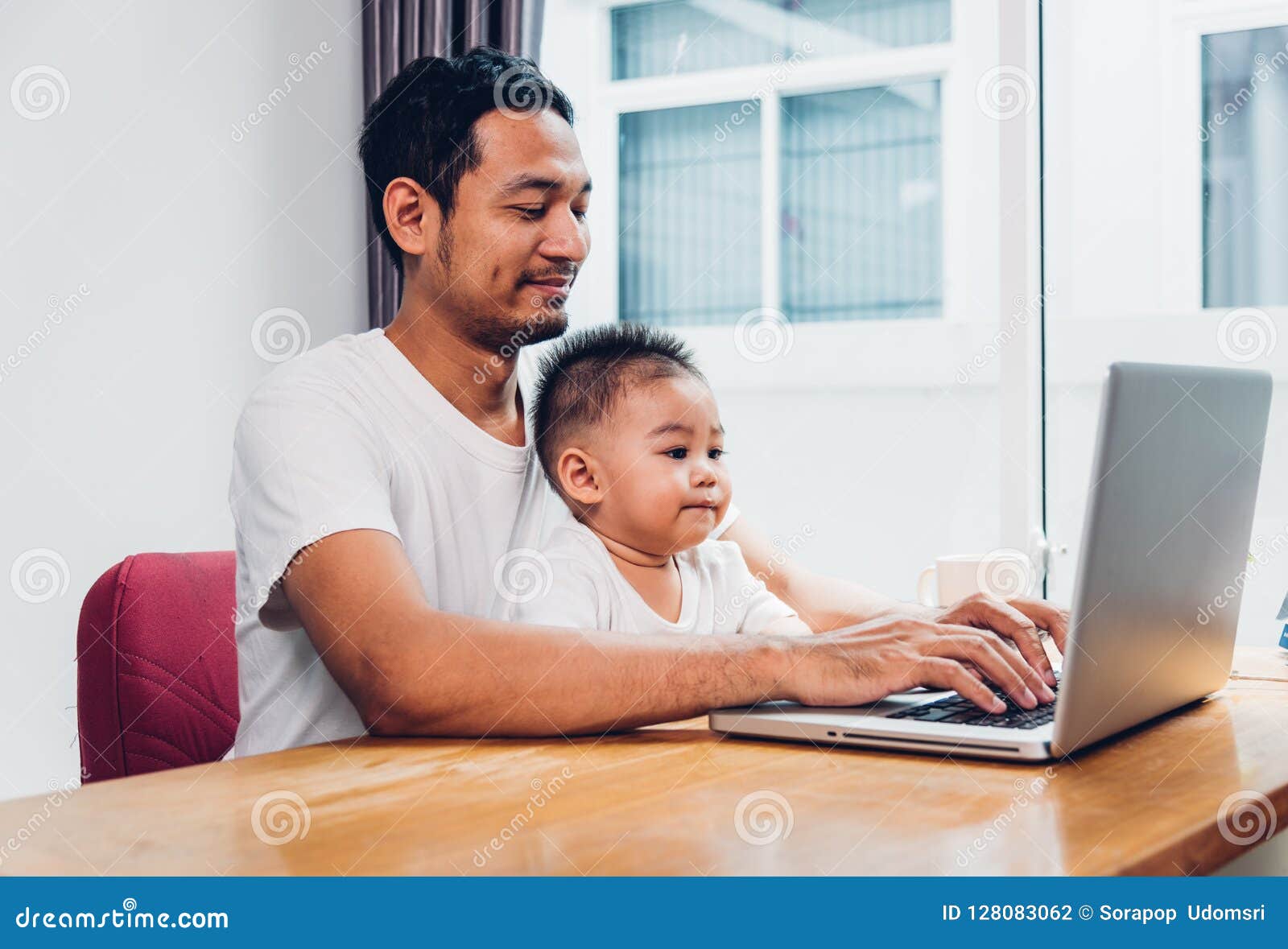 Man Father Using Working on Laptop Computer Stock Photo - Image of ...