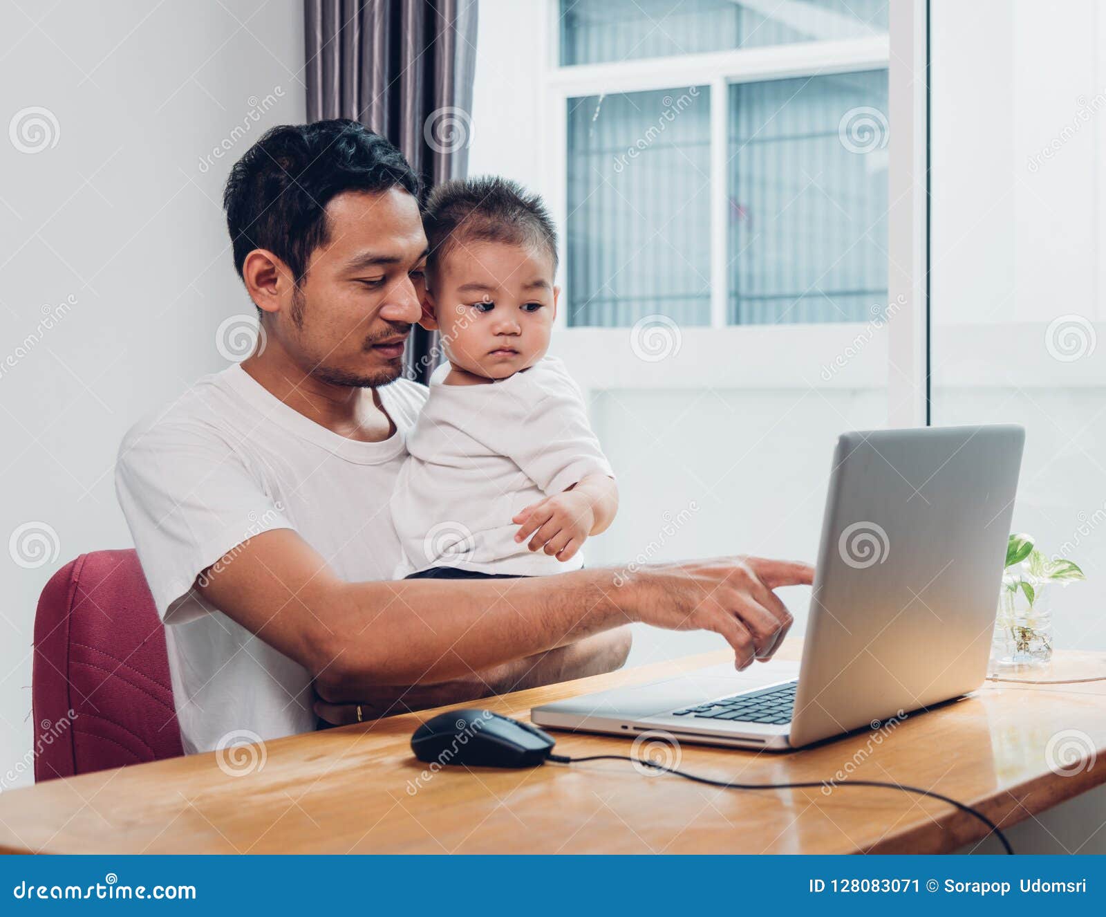Man Father Using Working on Laptop Computer Stock Image - Image of male ...