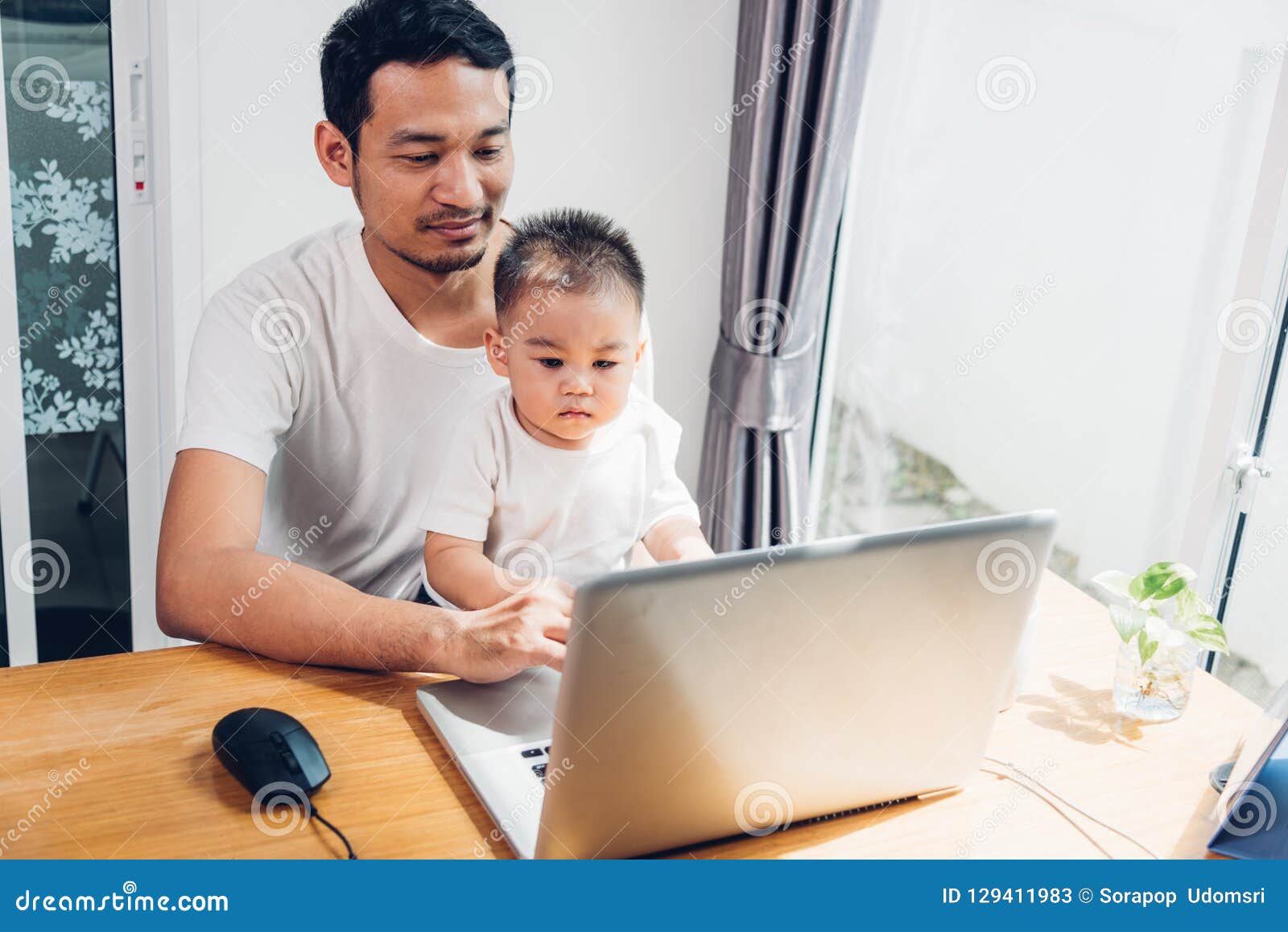 Man Father Using Working on Laptop Computer Stock Image - Image of baby ...