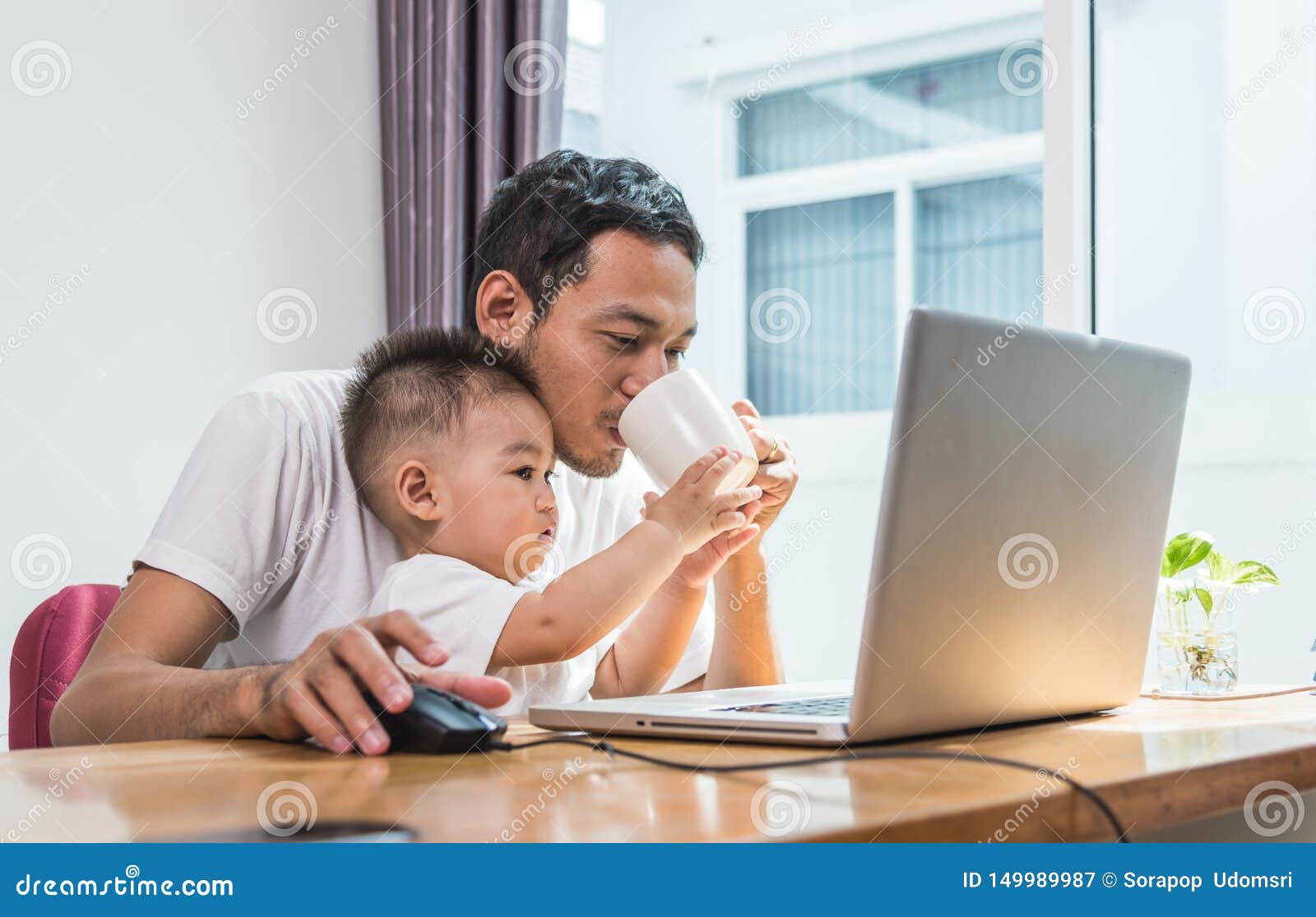 Man Father Using Working on Laptop Computer Stock Image - Image of home ...