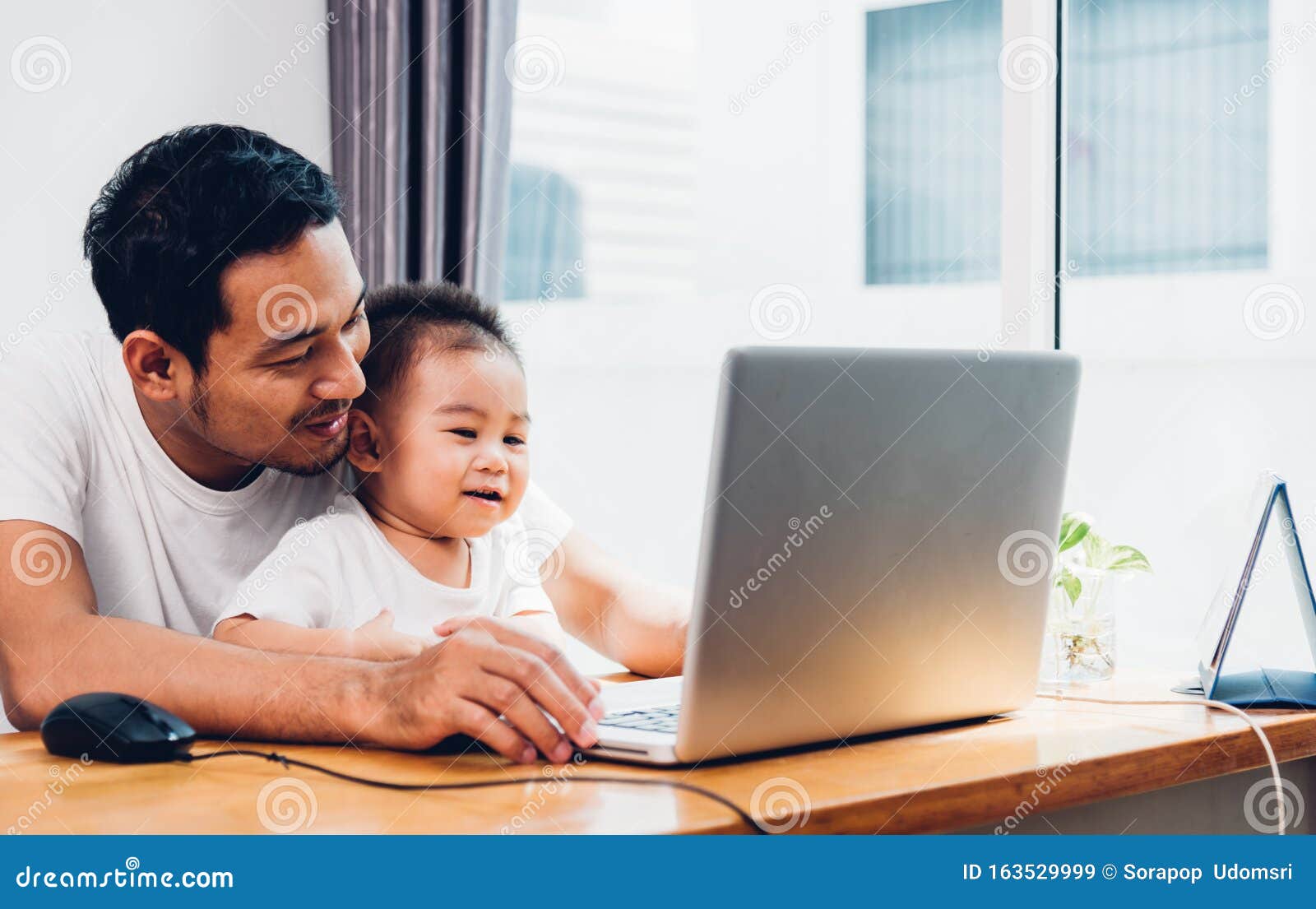 Man Father Using Working on Laptop Computer Stock Image - Image of ...