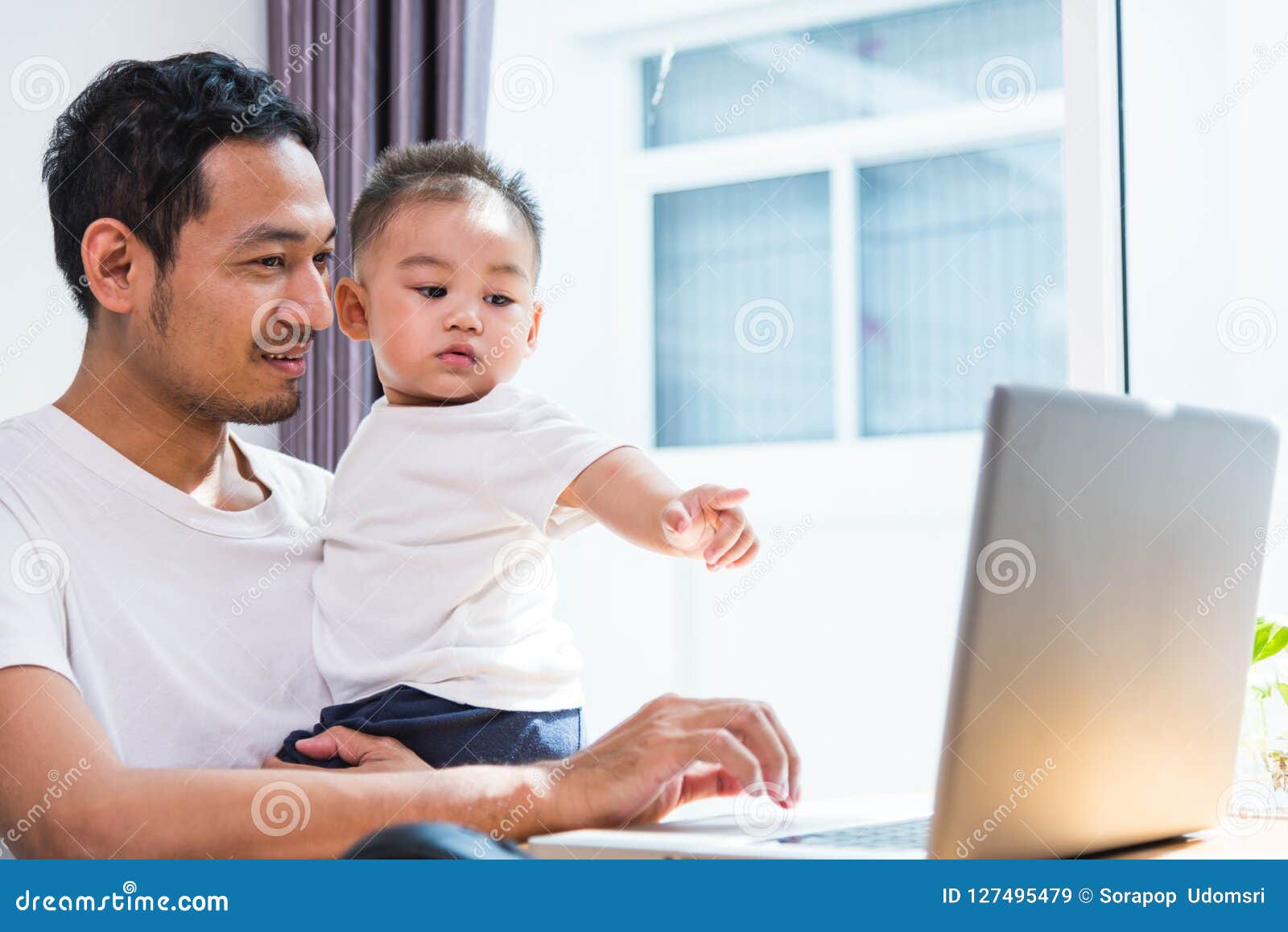 Man Father Using Working on Laptop Computer Stock Image - Image of ...