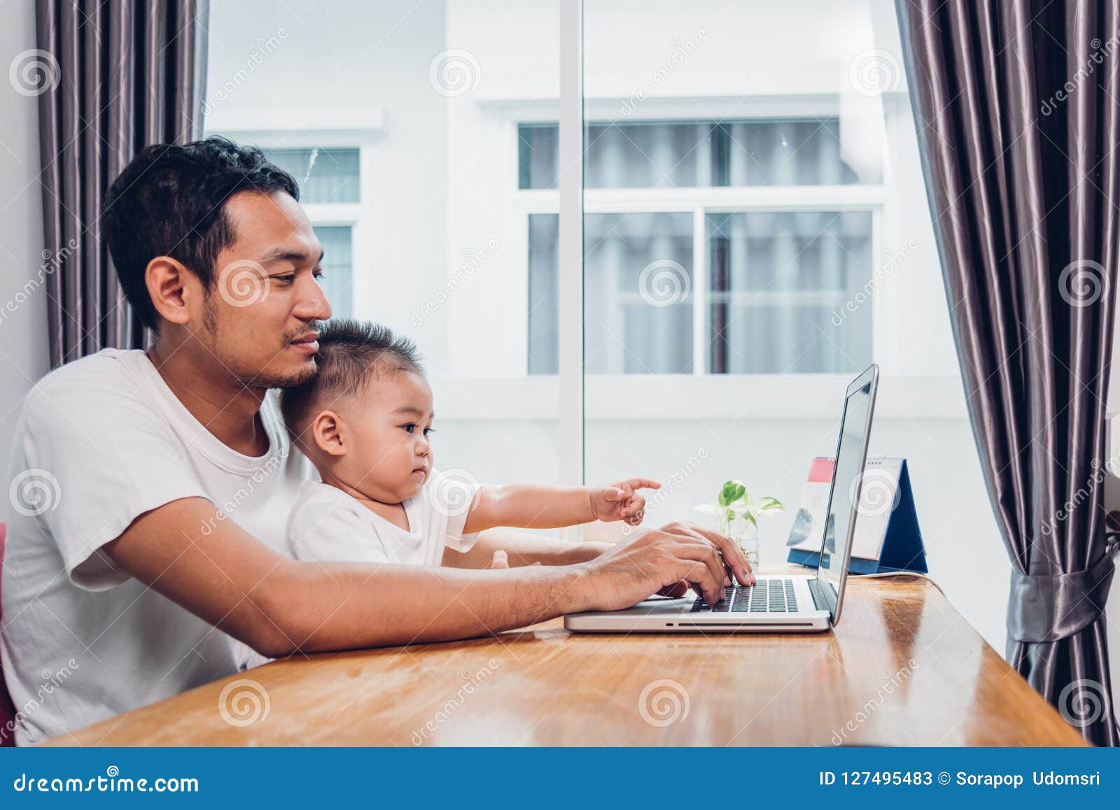 Man Father Using Working on Laptop Computer Stock Image - Image of ...