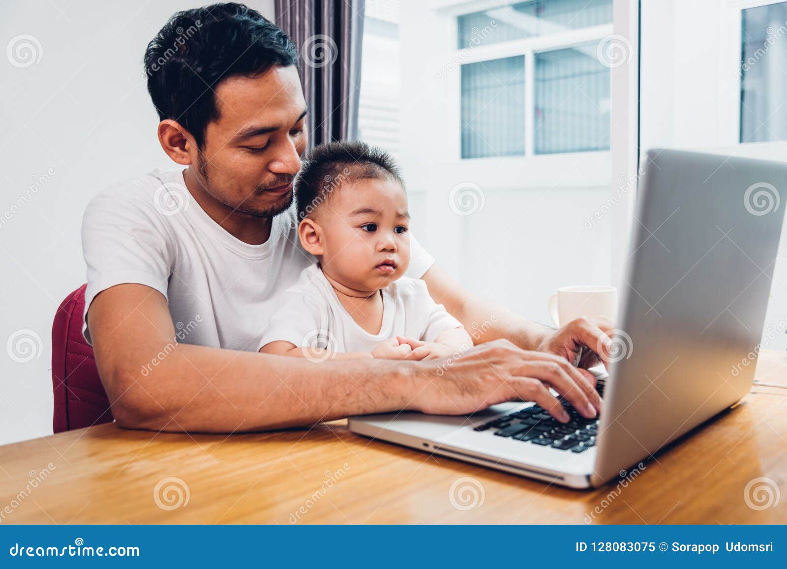 Man Father Using Working on Laptop Computer Stock Image - Image of ...