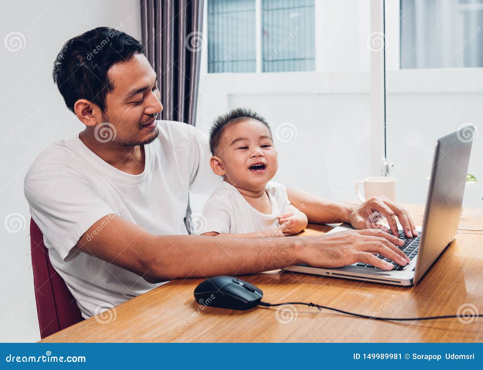 Man Father Using Working on Laptop Computer Stock Image - Image of ...