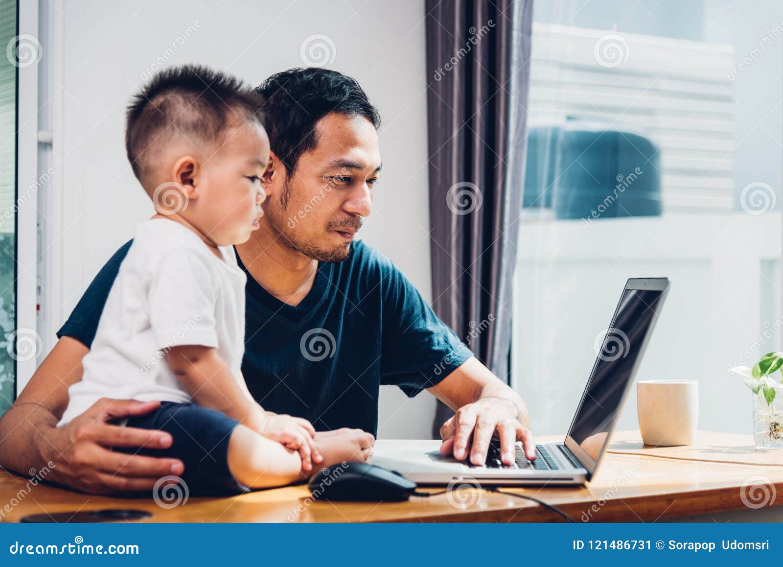 Man Father Working on Laptop Computer Stock Image - Image of computer ...
