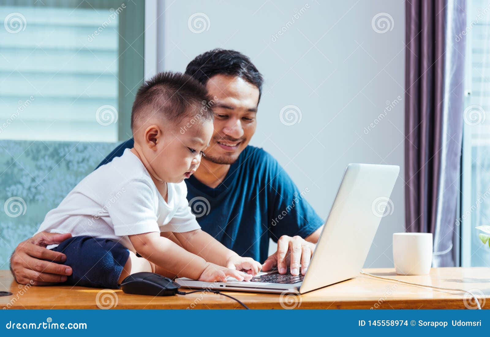 Man Father Working on Laptop Computer Stock Photo - Image of people ...