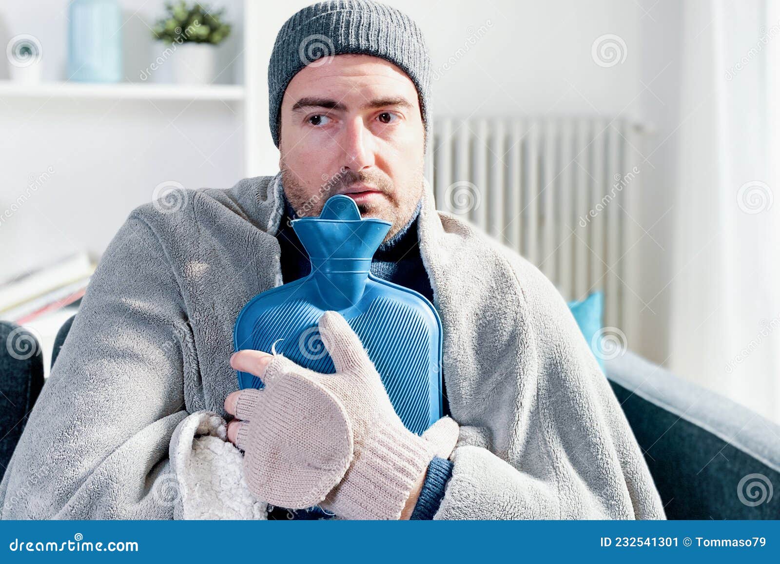 Man Feeling Cold at Home with Home Heating Trouble Stock Image - Image ...