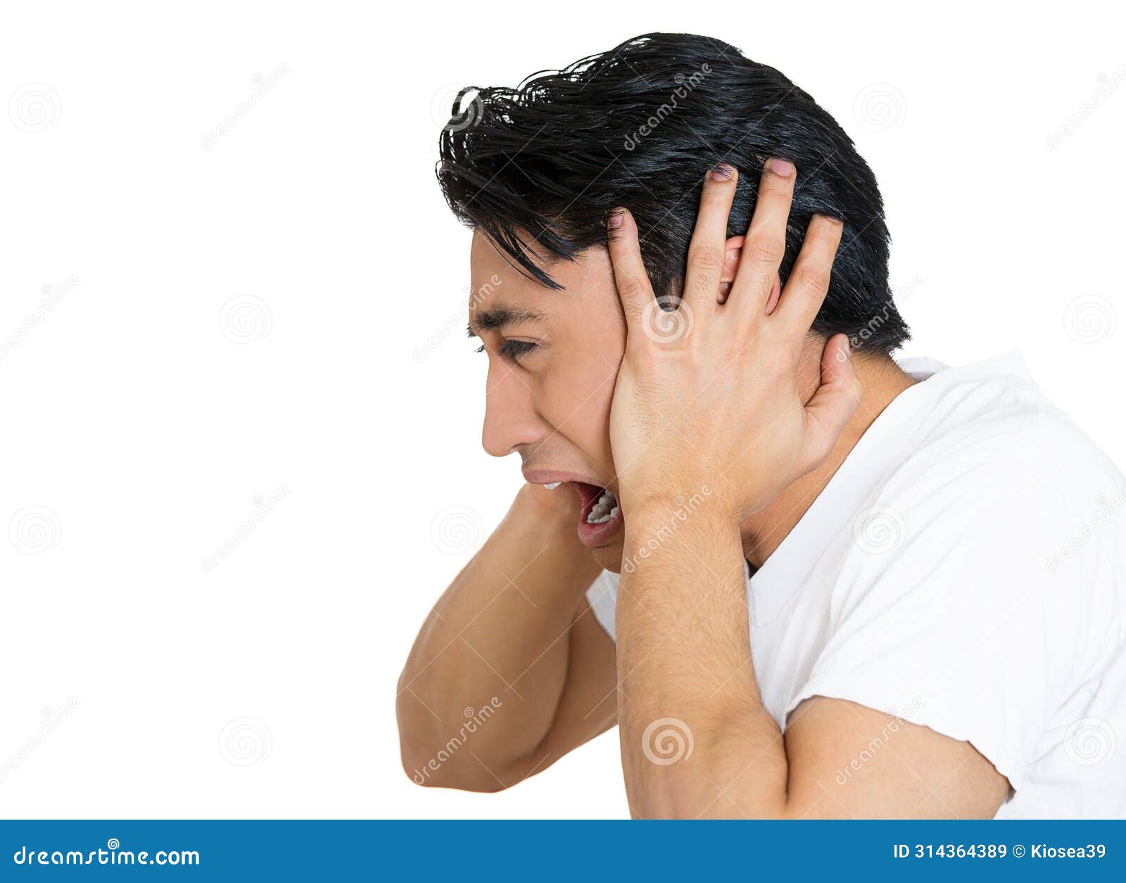Stressed Man Suffering From Headache Isolated On Gray Wall Background ...