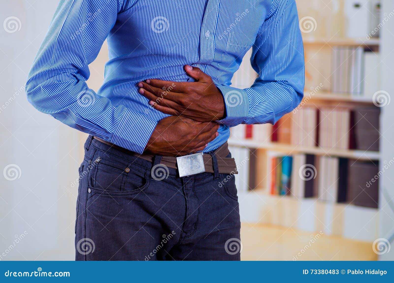 Man Feeling Strong Pain in His Stomach, Makes Pressure with Both Hands ...