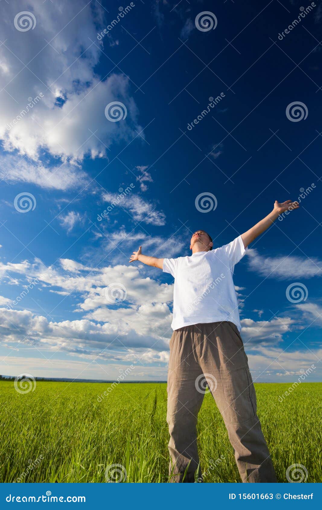 Man on field stock image. Image of harmony, fresh, clouds - 15601663