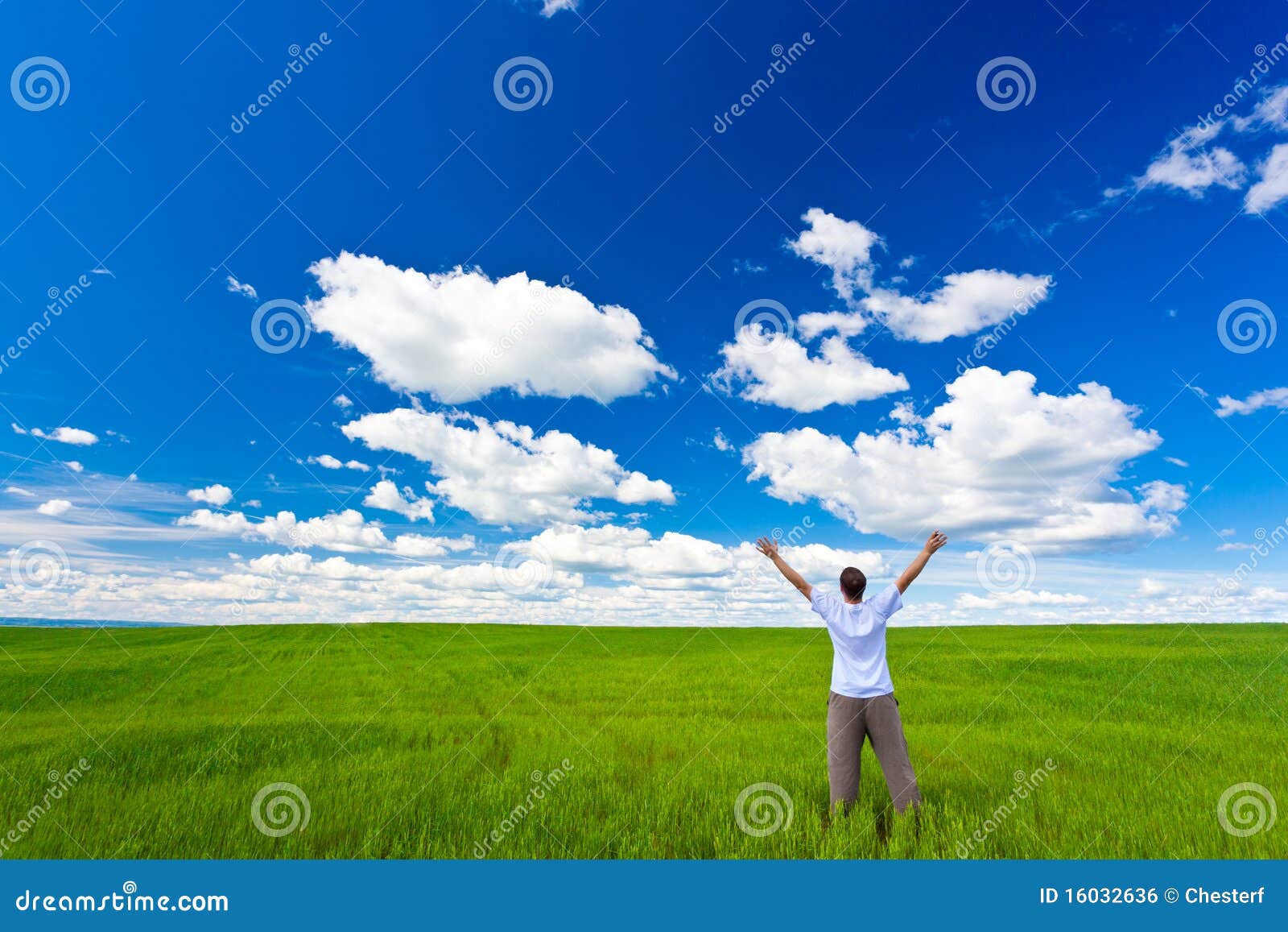 Man on Field Rising Up Hands Stock Photo - Image of landscape ...