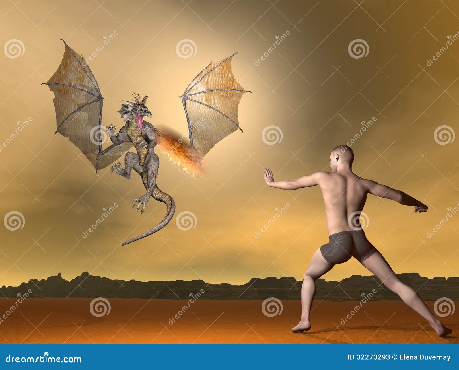 Man Fighting Dragon - 3D Render Stock Illustration - Illustration of ...