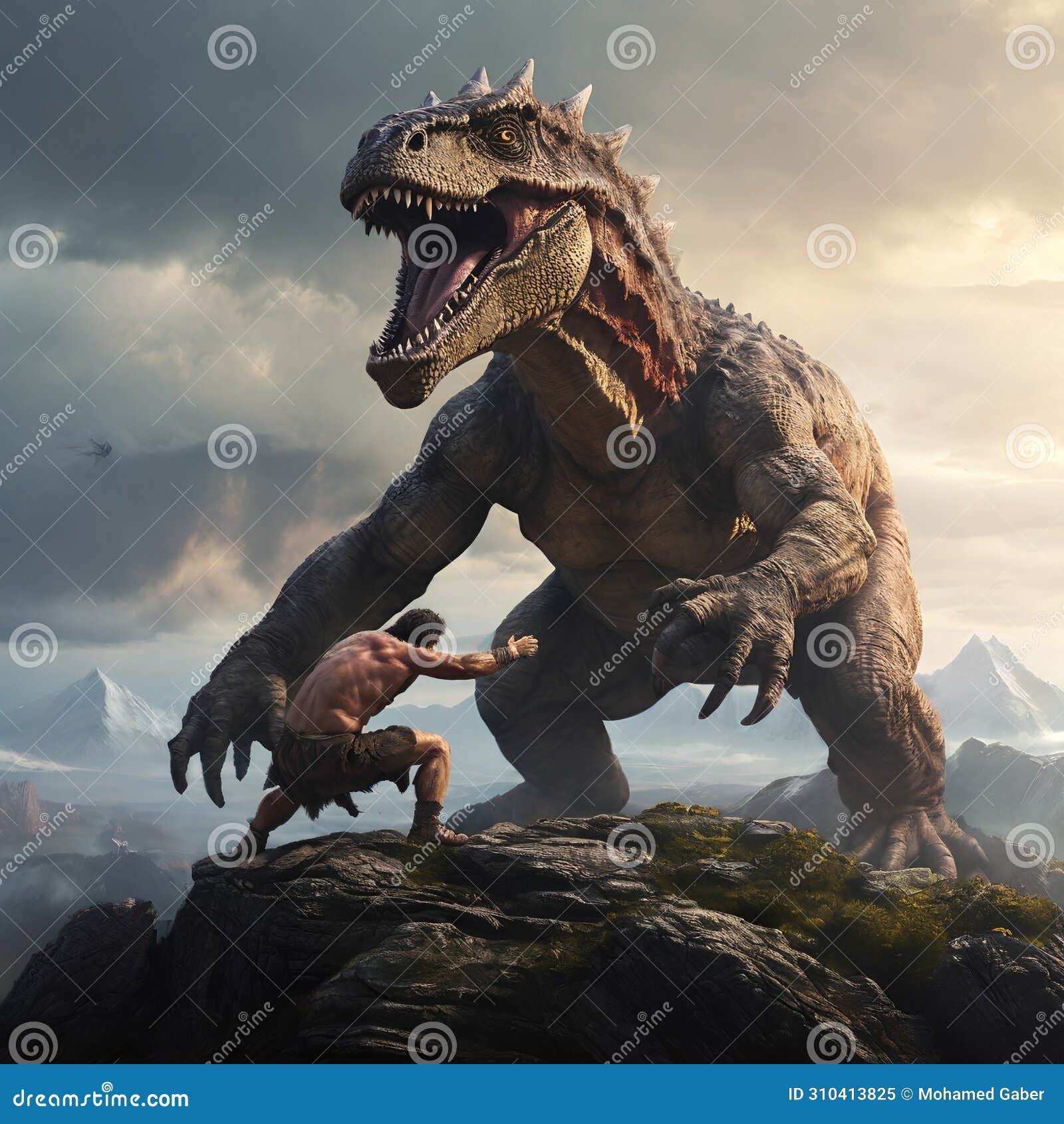 A man fights a dinosaur stock illustration. Illustration of power ...