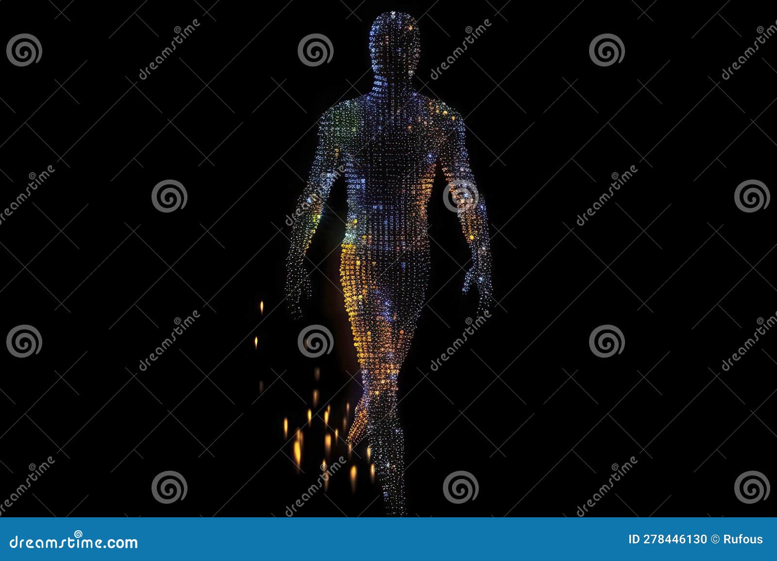Man Figure Consisting of Glowing Pixels Runs through Darkness Stock ...
