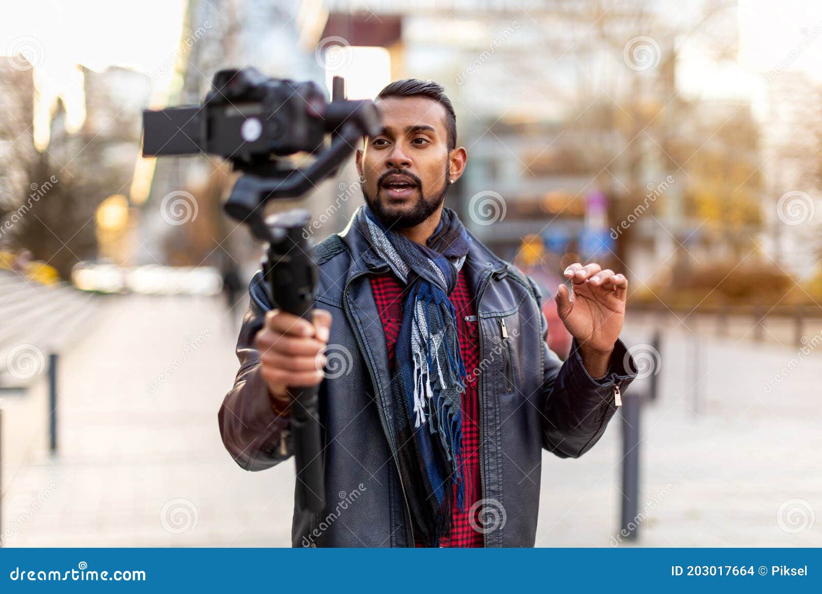 Man Filming a Vlog with Camera in the City Stock Photo - Image of happy ...