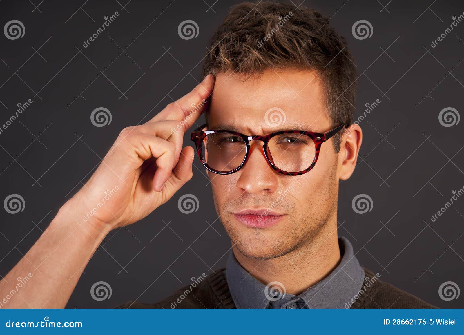 Man with Finger Near His Head Stock Photo - Image of happy, closeup ...