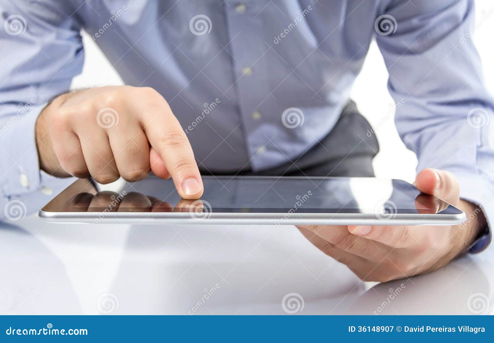 Man Fingers Touching Screen on Digital Tablet Stock Image - Image of ...