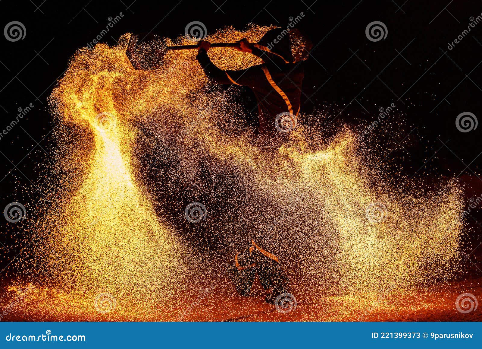 The Man during the Fire Show with a Lot of Sparks Stock Image - Image ...