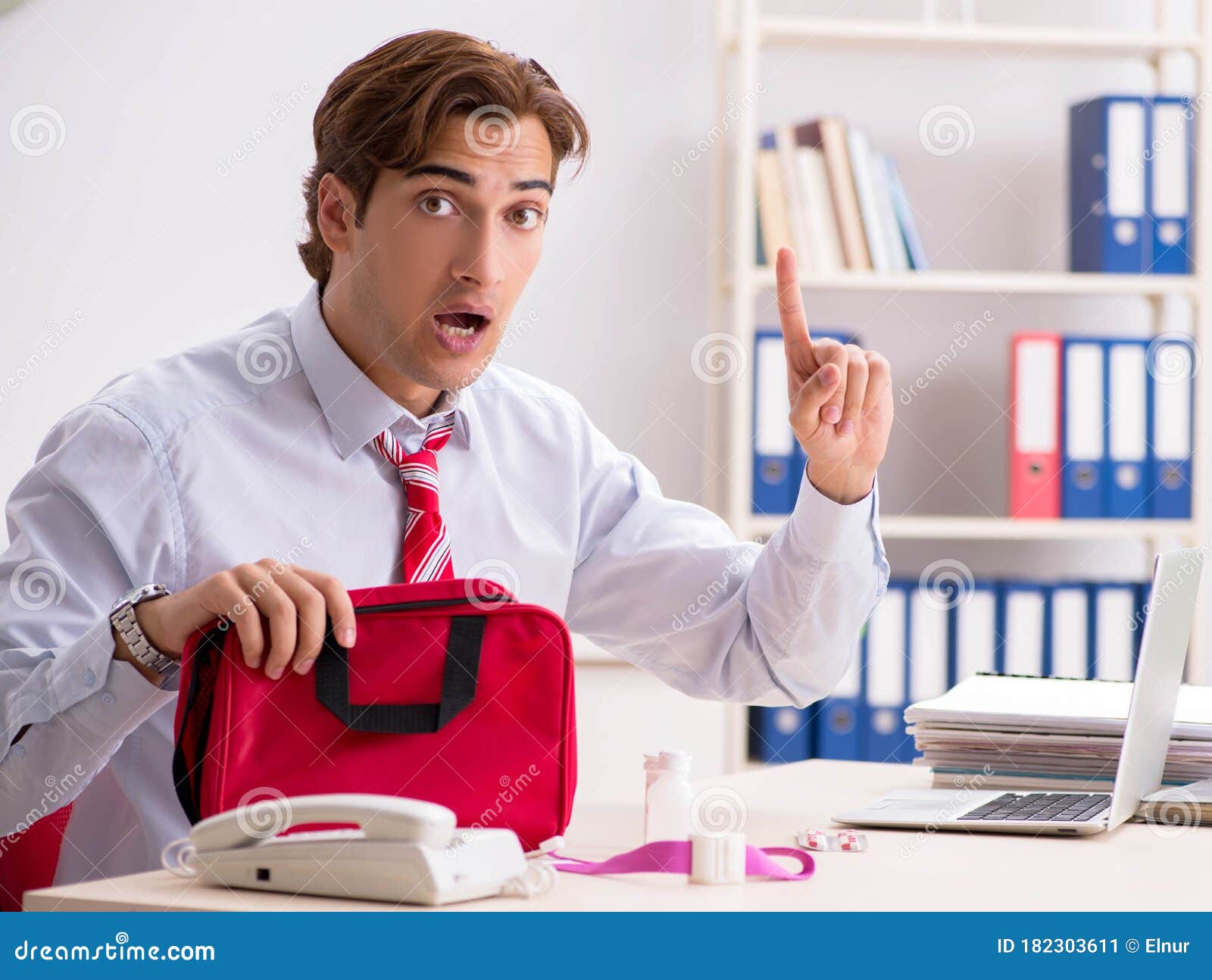 Man with First Aid Kit in the Office Stock Image - Image of cross ...