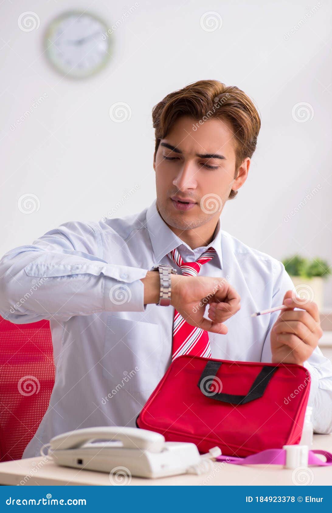 Man with First Aid Kit in the Office Stock Photo - Image of health ...