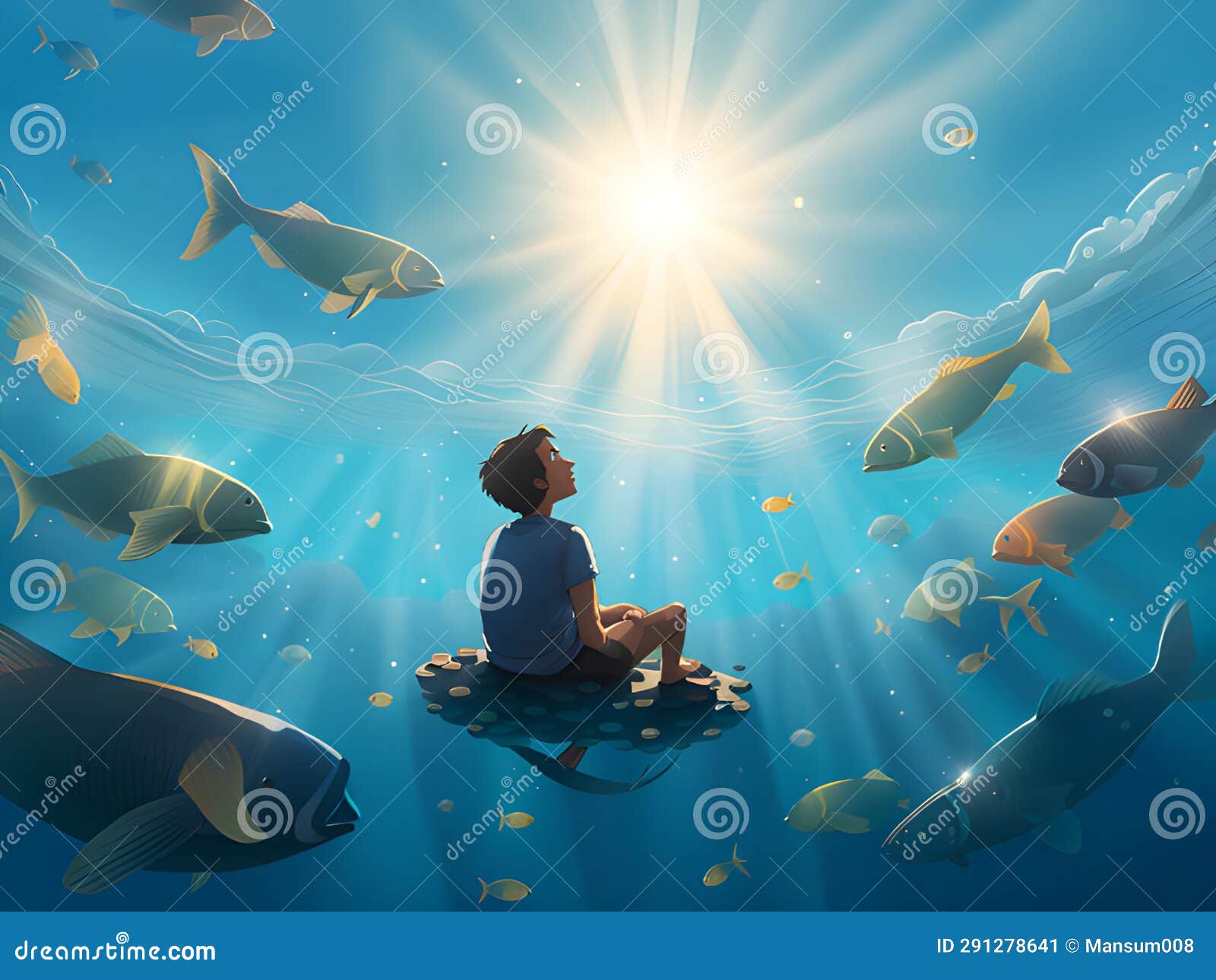 Man with Fish in the Ocean. Illustration Stock Illustration ...